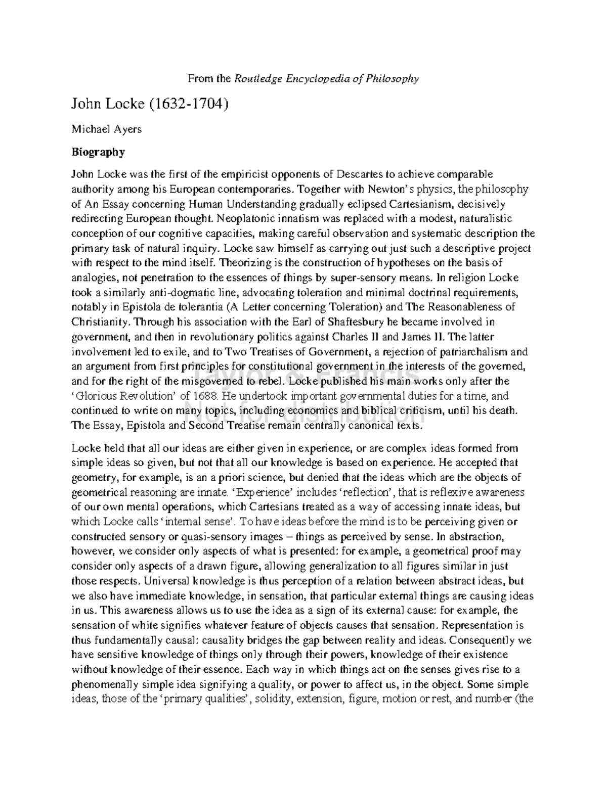 Locke john - From the Routledge Encyclopedia of Philosophy John Locke ...