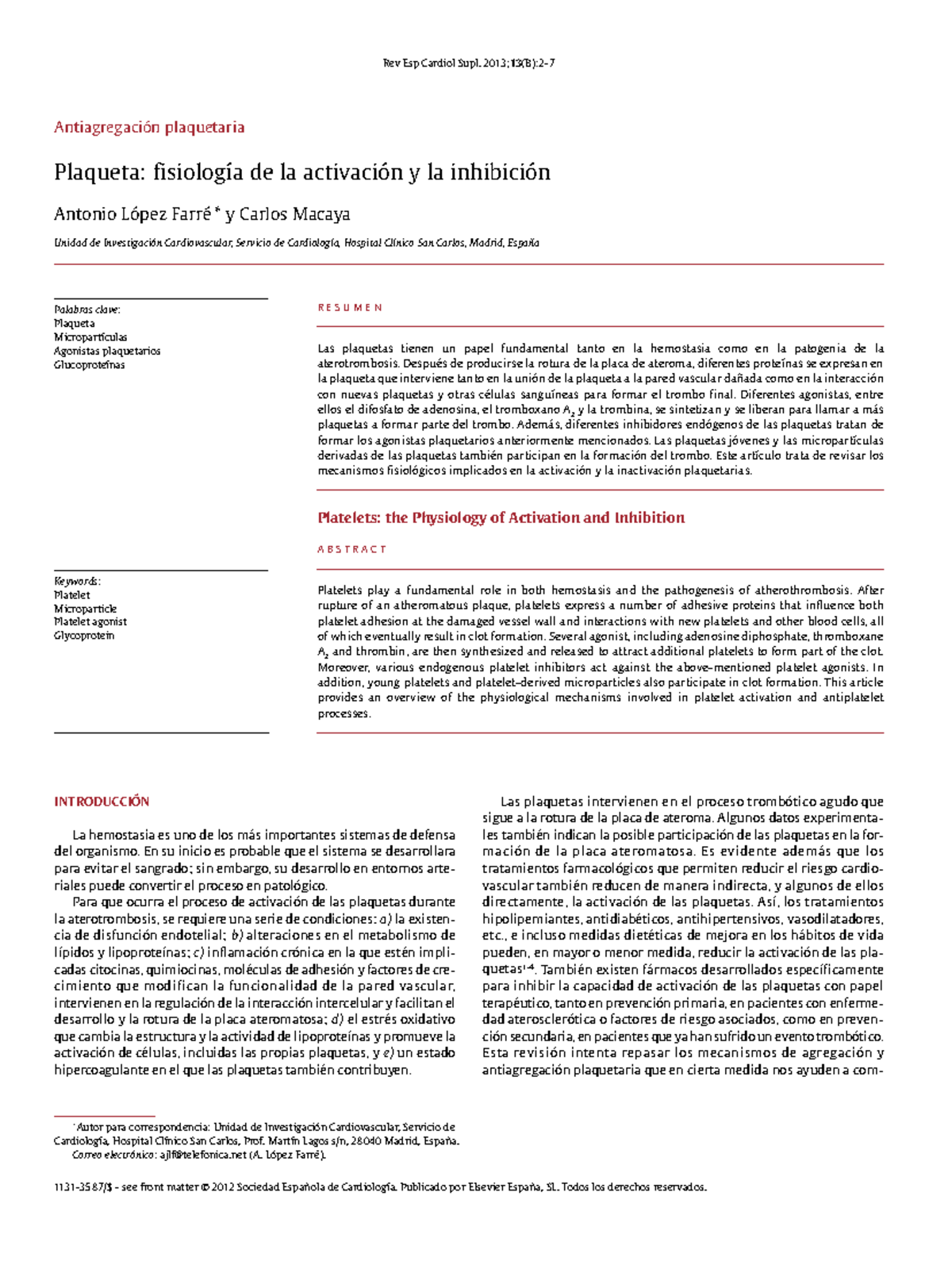 Rev Esp Cardiol Supl: Fisiología de la Activación e Inhibición ...
