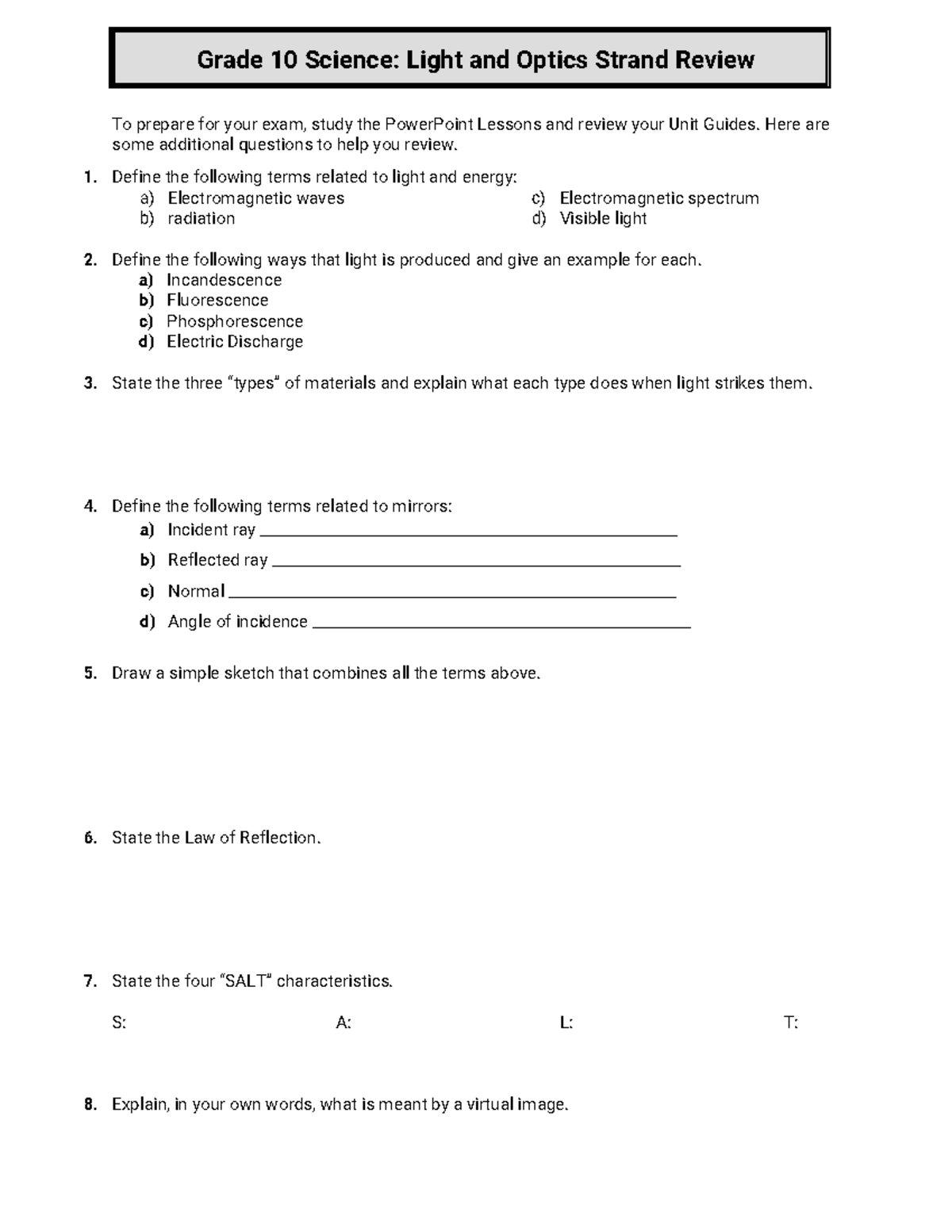 Grade 10 Science: Light & Optics Exam Review Questions - Studocu