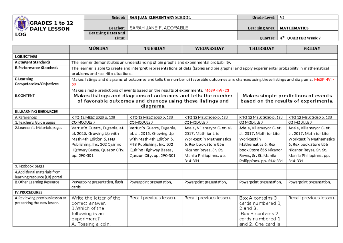 DLL Mathematics-6 Q4 W7 Daily Lesson Log for Grade VI - Studocu