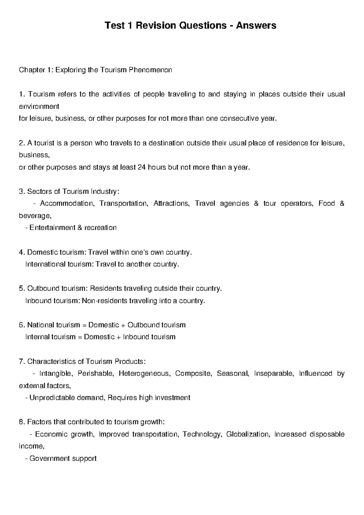 TEST 1 Revision Answers: Exploring Tourism & Attractions Concepts - Studocu