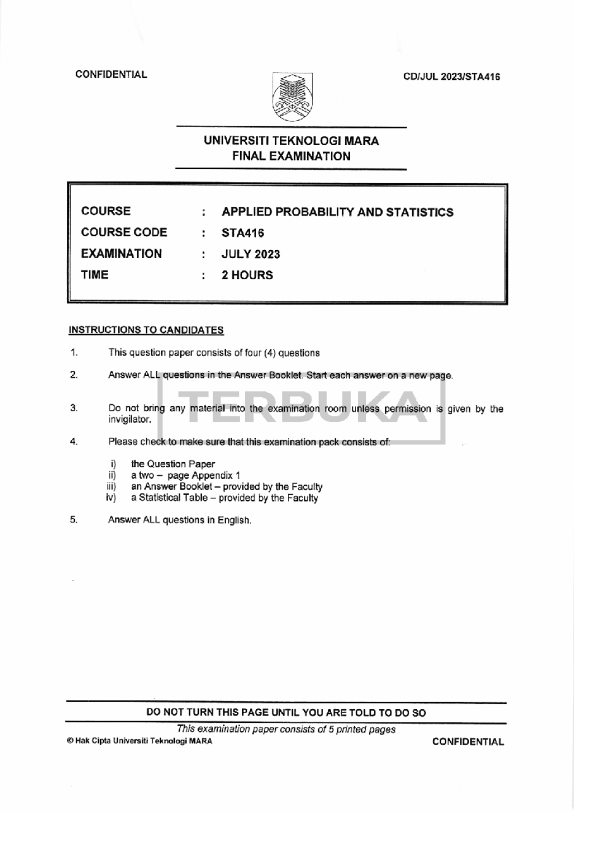 Final Exam Questions - STA416: Applied Probability and Statistics - Studocu