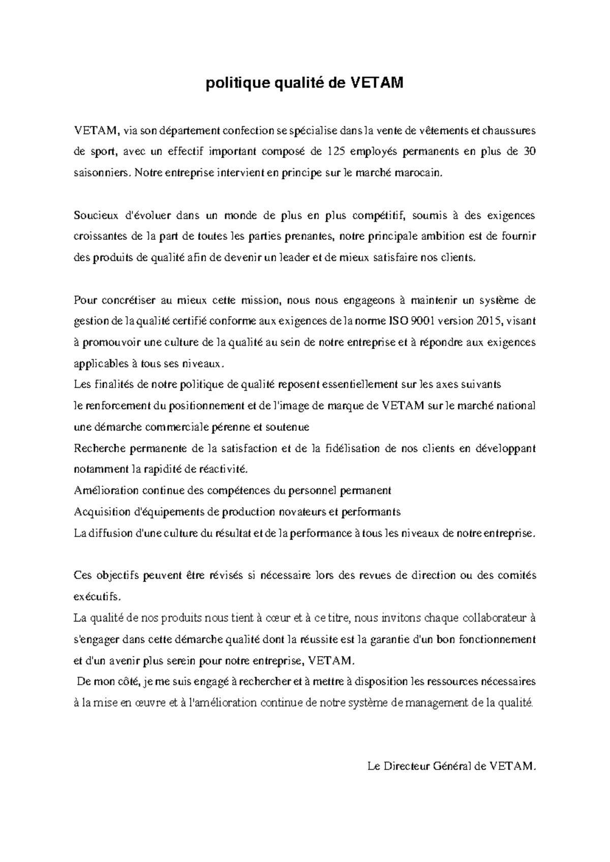 Politique qualité de Vetam - politique qualité de VETAM VETAM, via son ...
