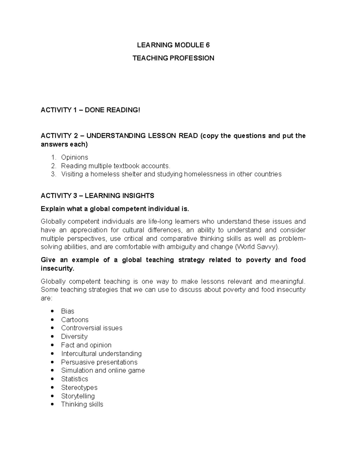 Learning- Module teaching profession 2021 - LEARNING MODULE 6 TEACHING ...