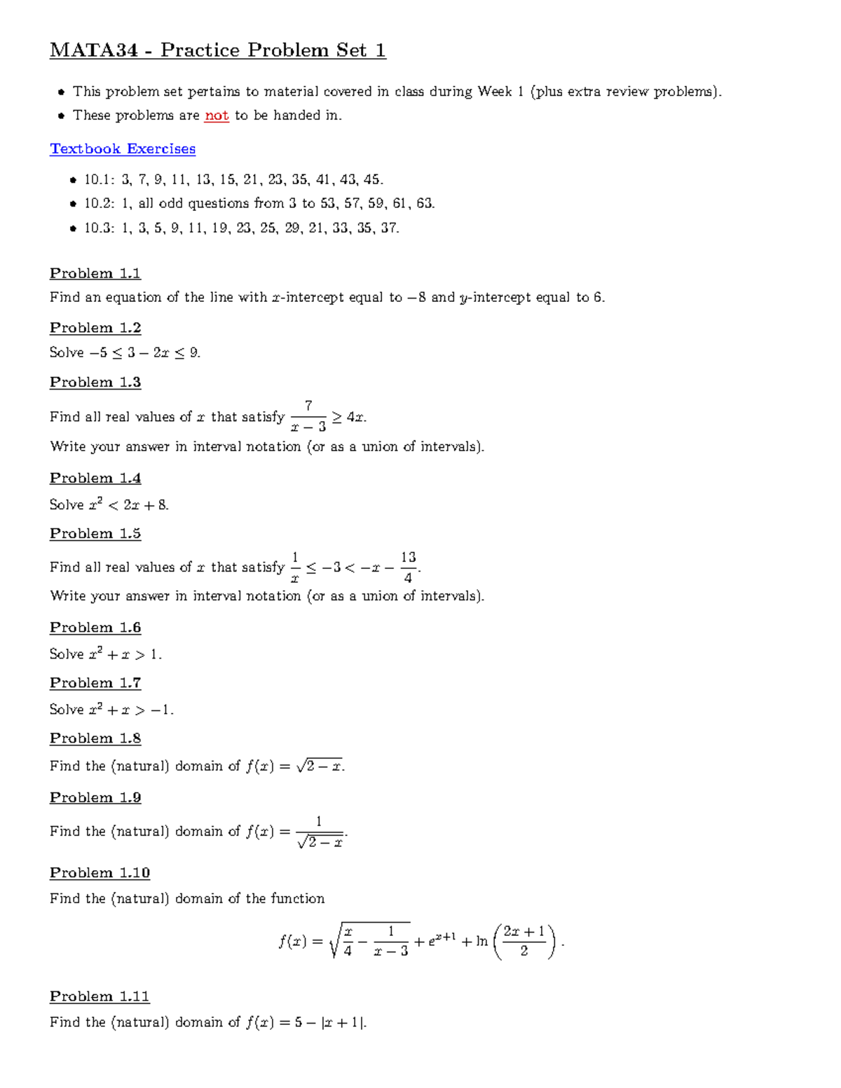 MATA34 Week 1 Practice Problem Set and Solutions - Studocu