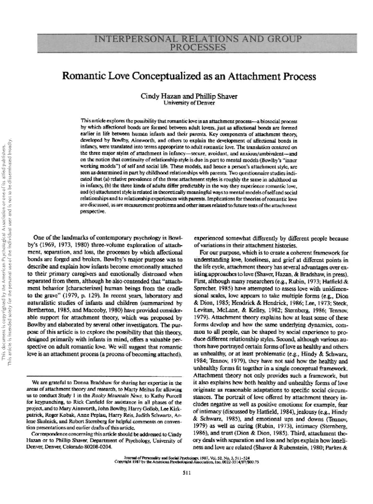Romantic Love as an Attachment Process: Insights from Attachment Theory ...