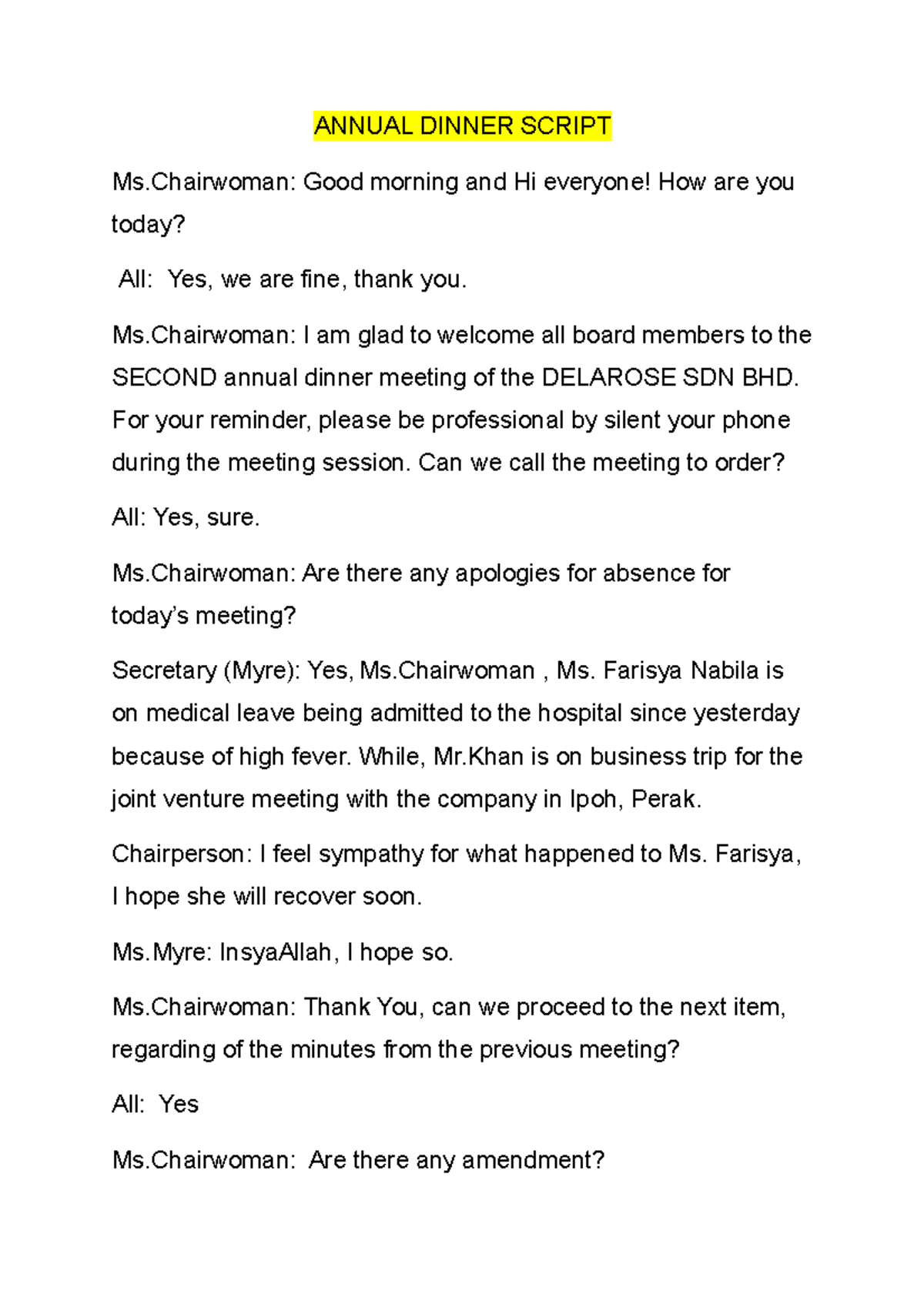 Annual Dinner Script - ANNUAL DINNER SCRIPT Ms: Good morning and Hi ...