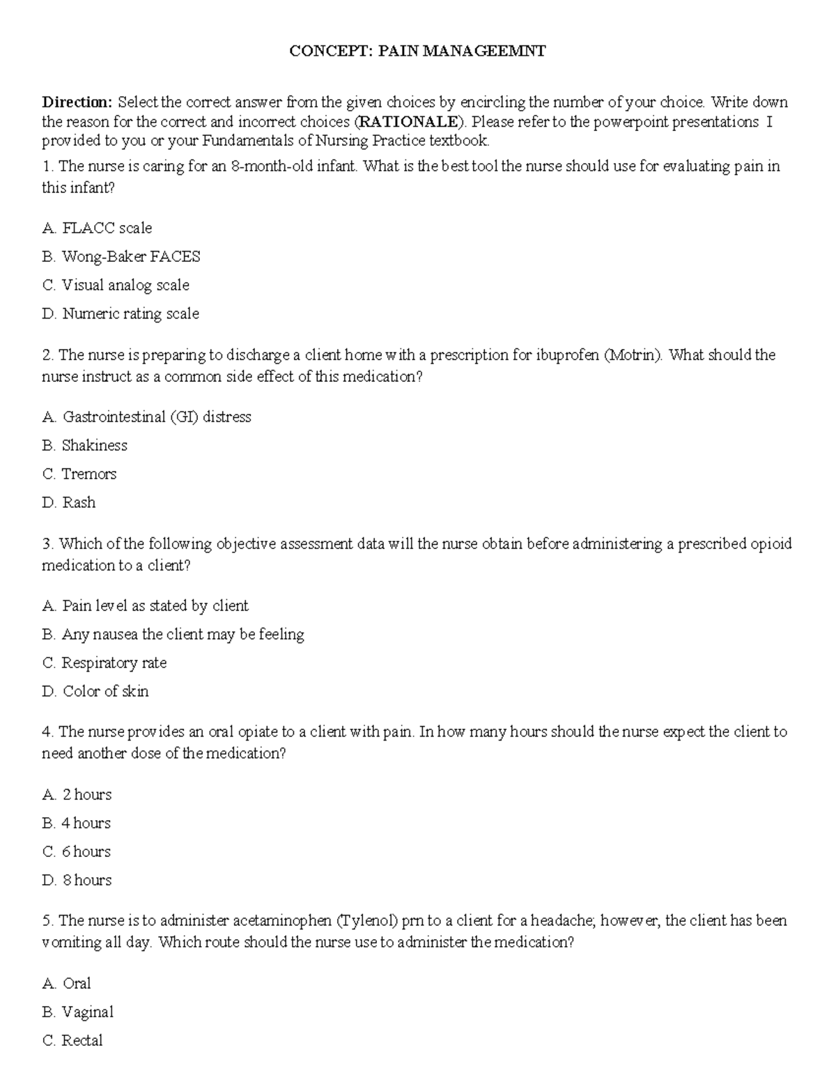 PAIN- Management - Guide Questions - CONCEPT: PAIN MANAGEEMNT Direction ...