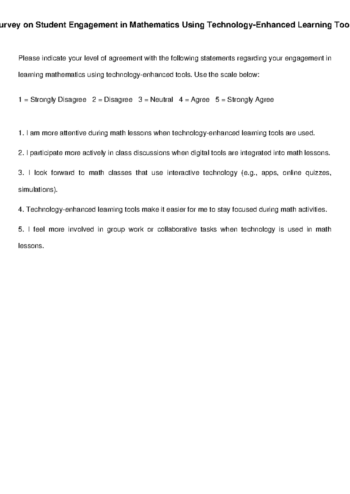 Survey on Student Engagement in Math Using Learning Tools - Studocu