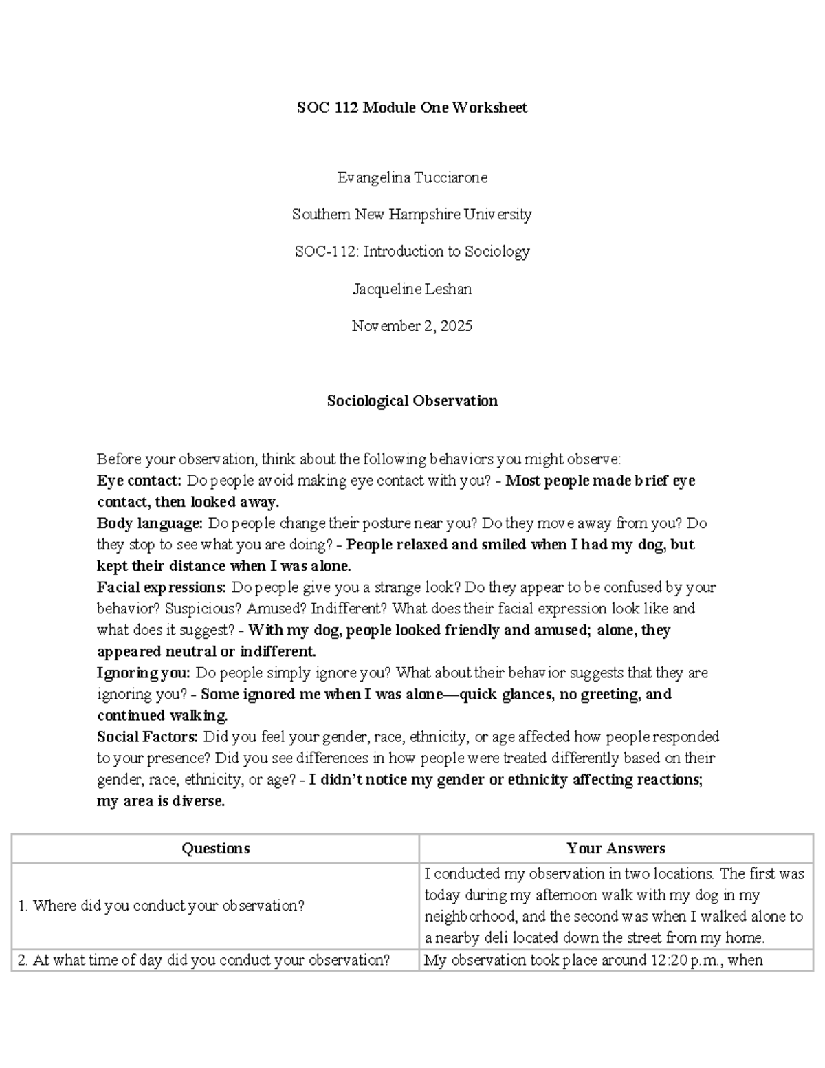 SOC 112 Module One Worksheet: Sociological Observation Insights - Studocu