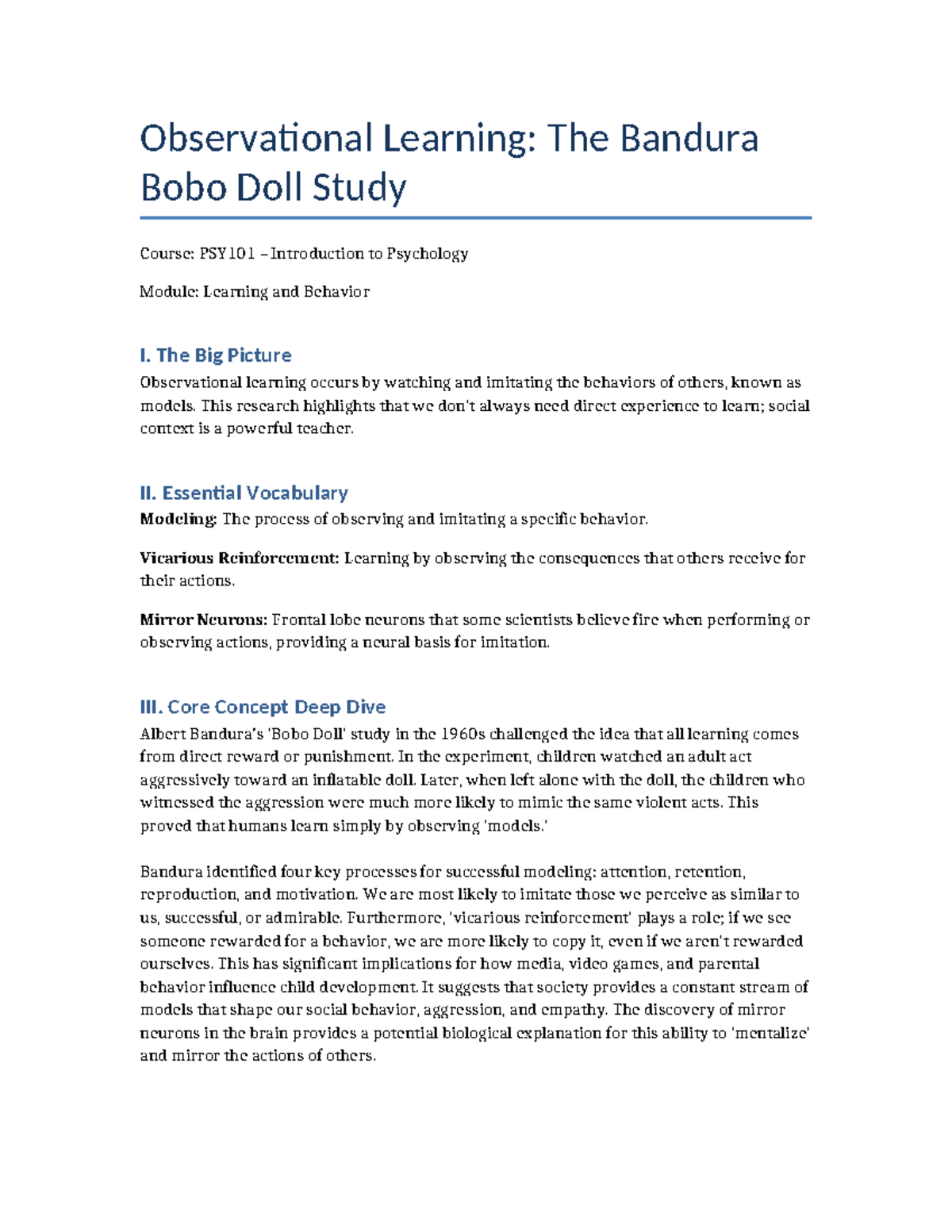 PSY101 Final Exam Notes: Observational Learning & Bandura's Study - Studocu