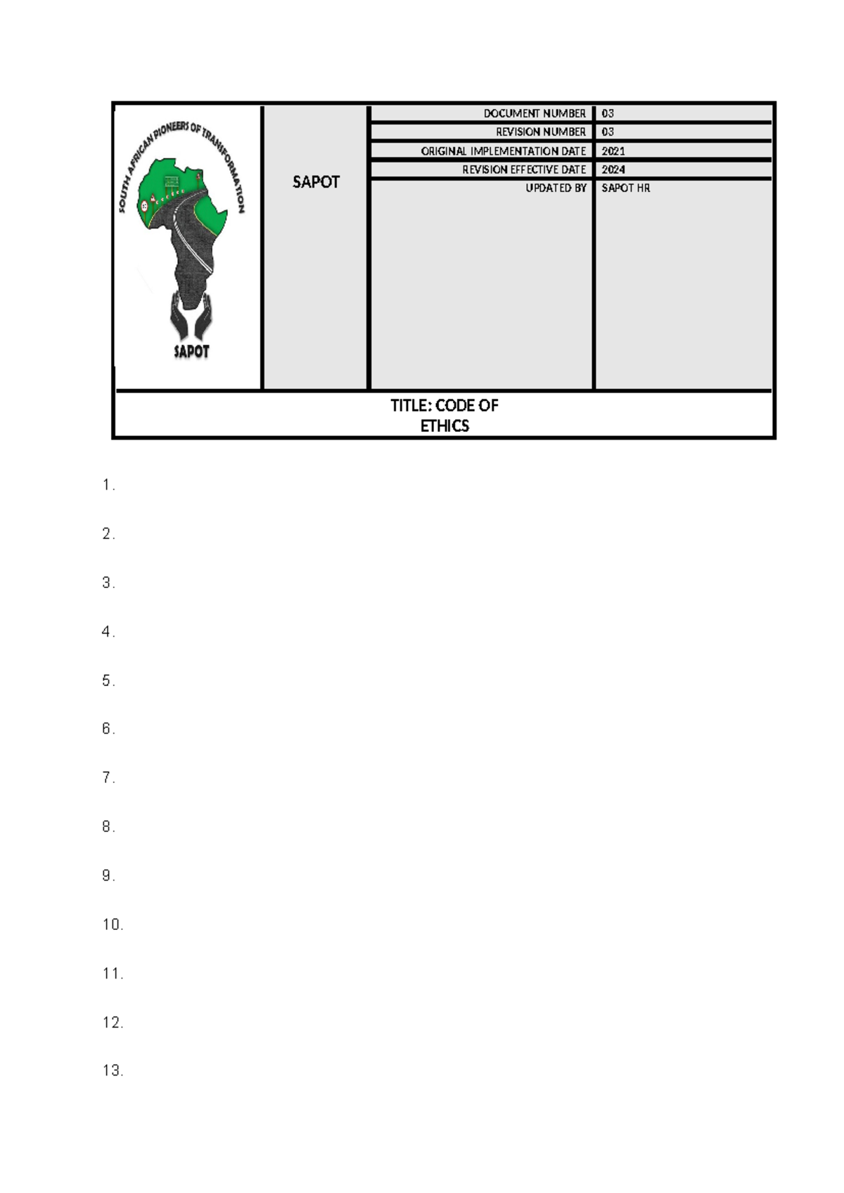SAPOT HR Code of Ethics & Confidentiality Policy (Rev. 2024) - Studocu