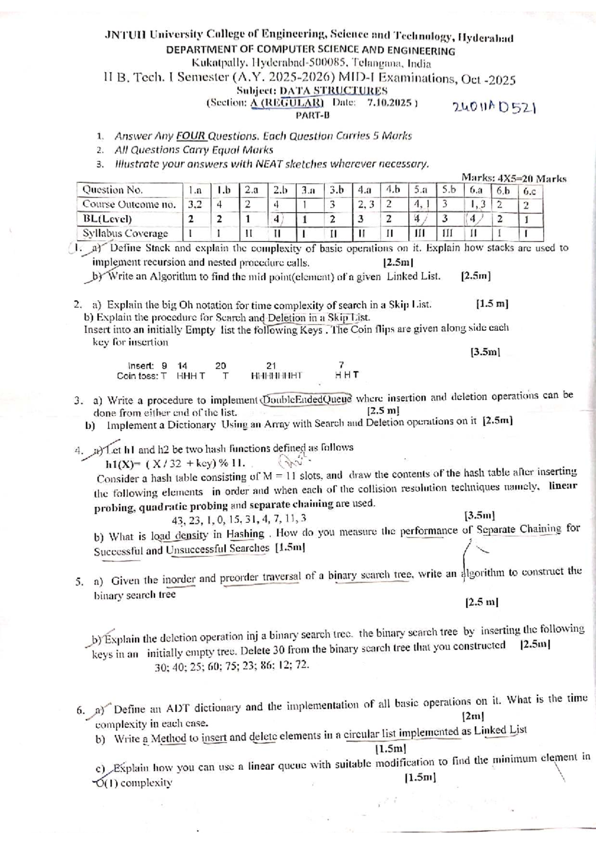 DATA STRUCTURES II B.Tech I Sem Exam Paper - JNTUH 2025 - Studocu