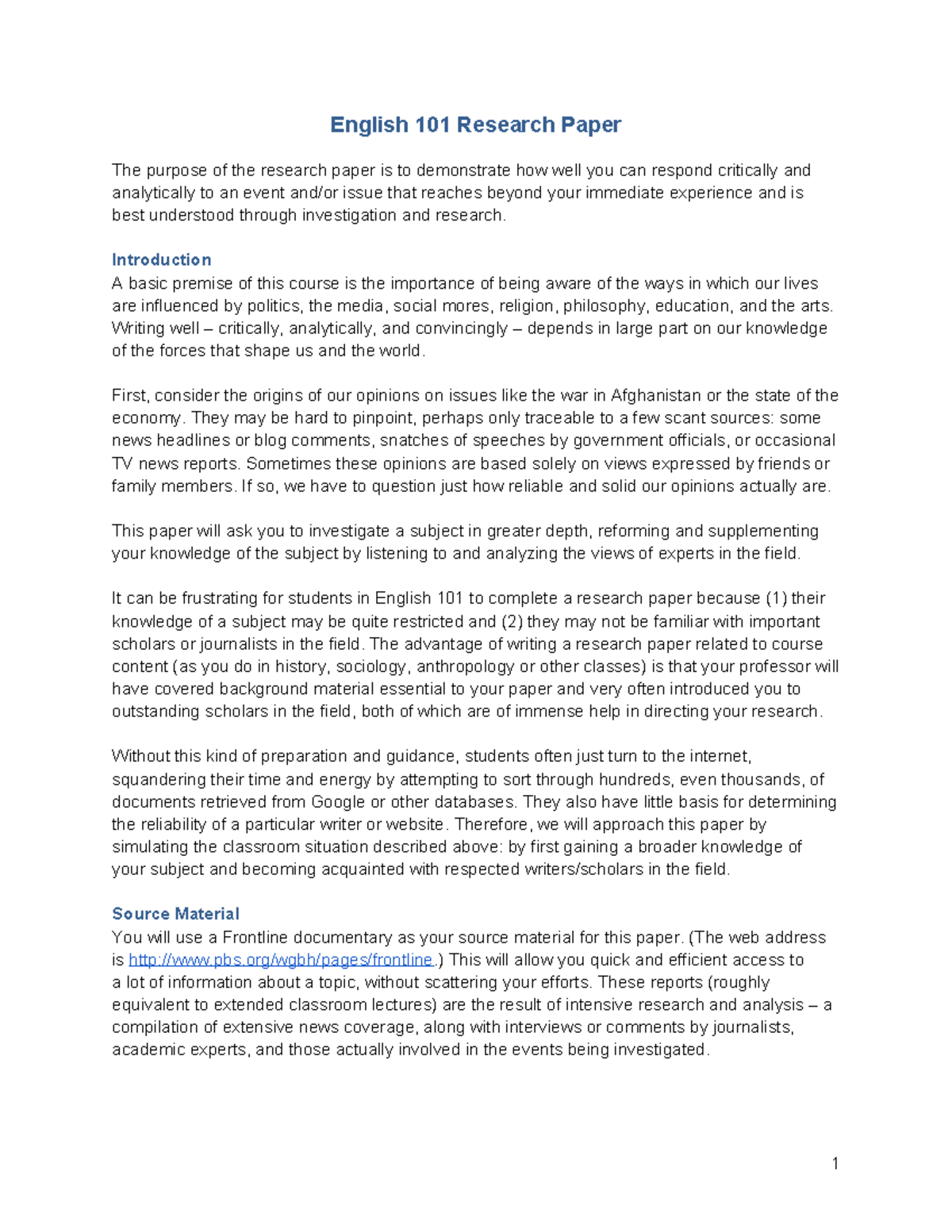 Eng. 101 Research Paper Guidelines: Analyzing Frontline Documentaries ...