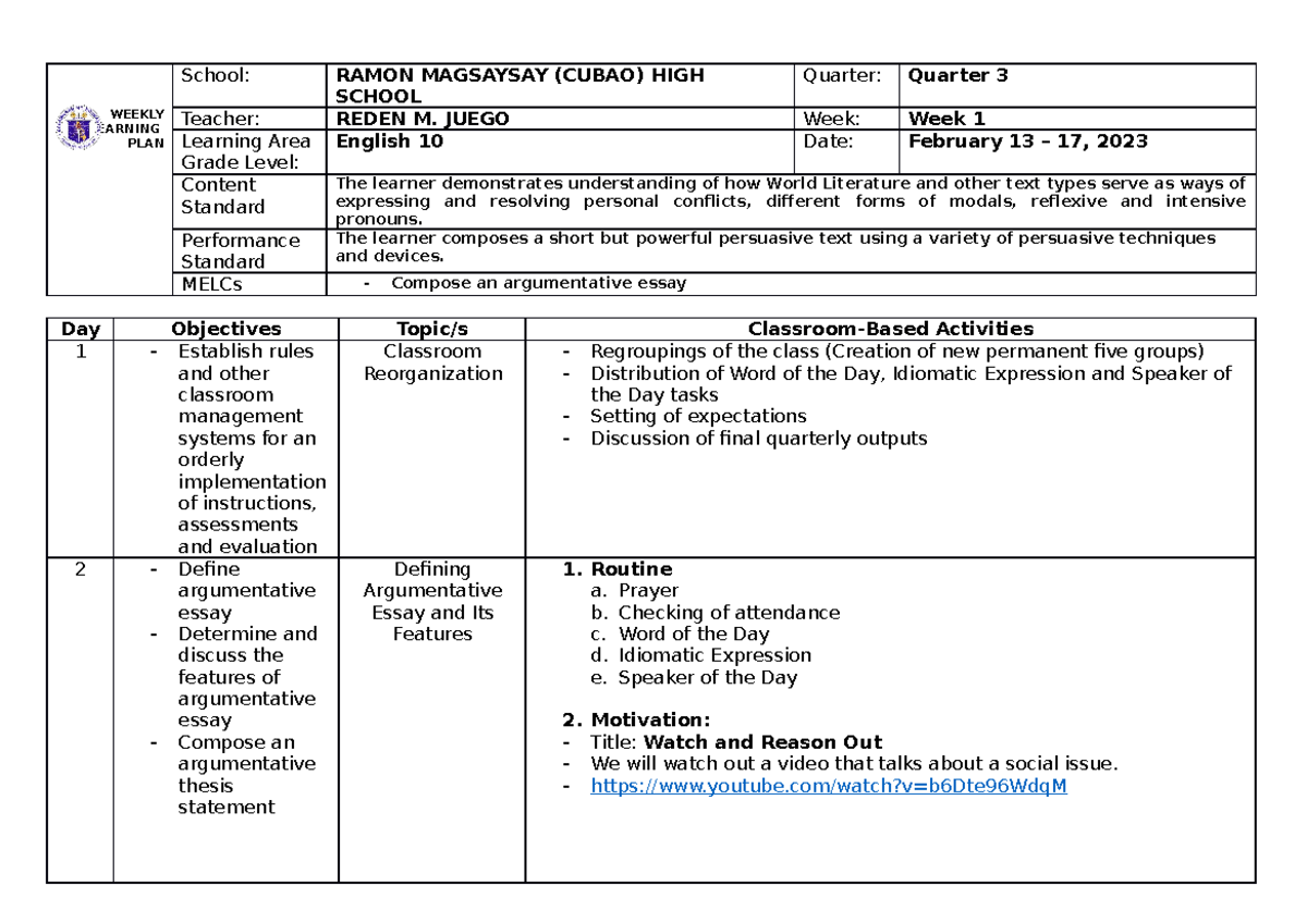 English 10 - Quarter 3 - WEEK 20 - WEEKLY LEARNING PLAN School: RAMON ...