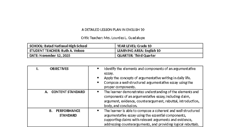 DLP ENGLISH 10: Lesson Plan on Argumentative Essay Elements - Studocu