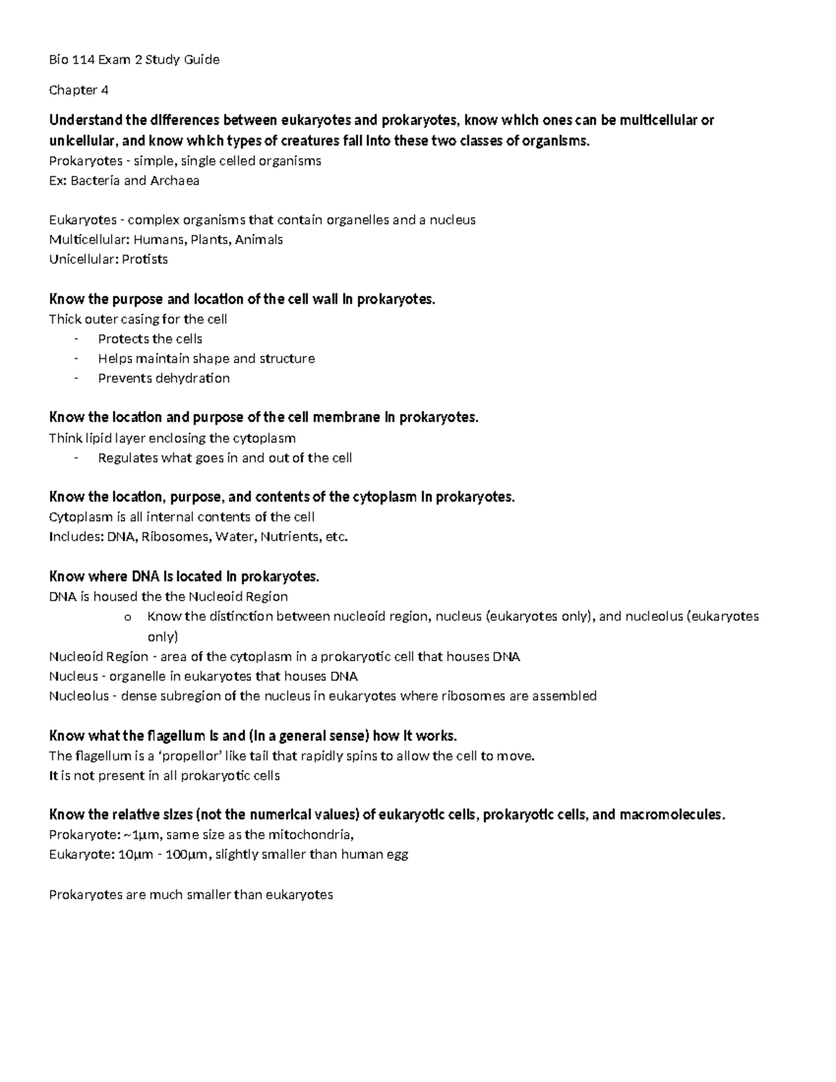 Bio 114 Exam 2 Study Guide: Eukaryotes vs. Prokaryotes and Cell ...