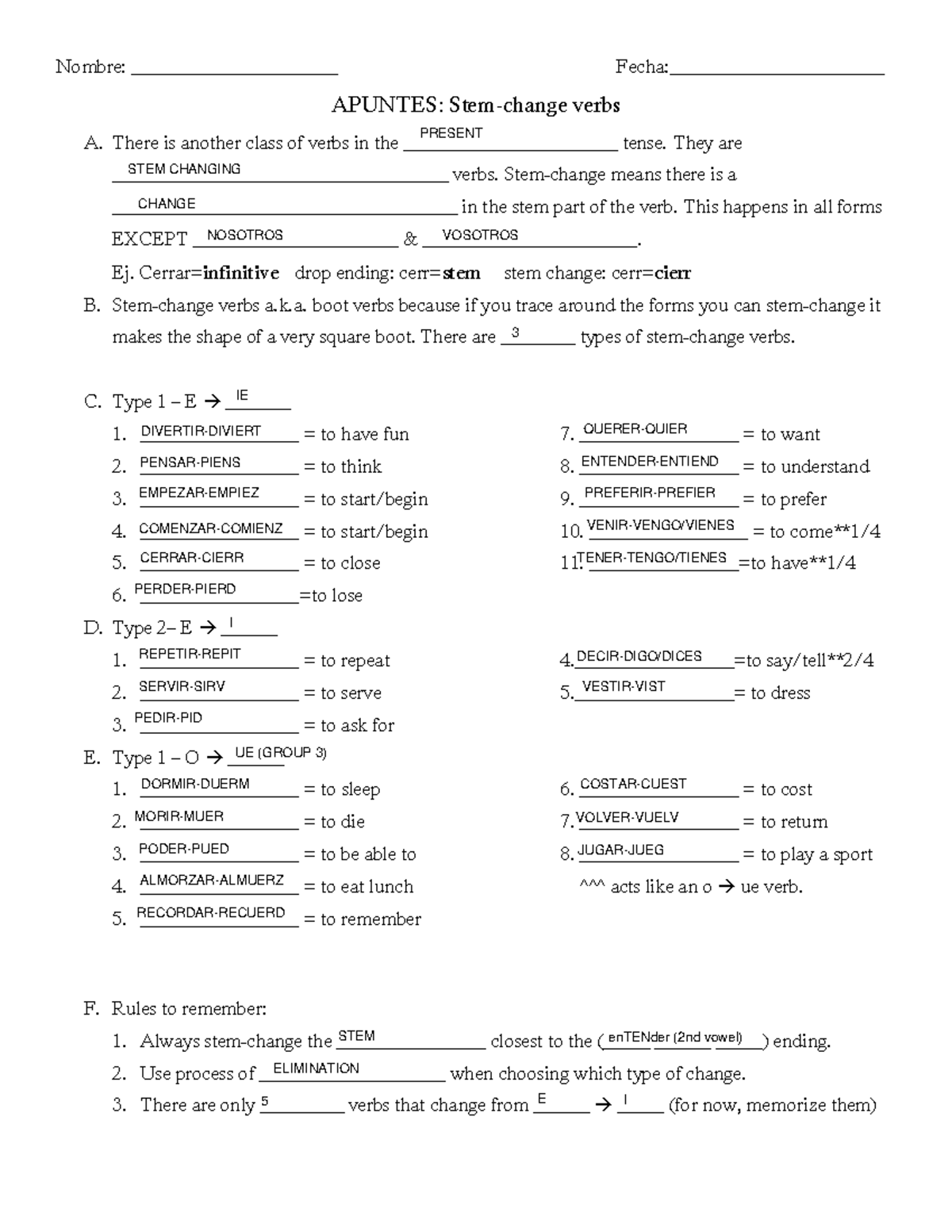 APUNTES: Stem Changing Verbs in Present Tense - Studocu