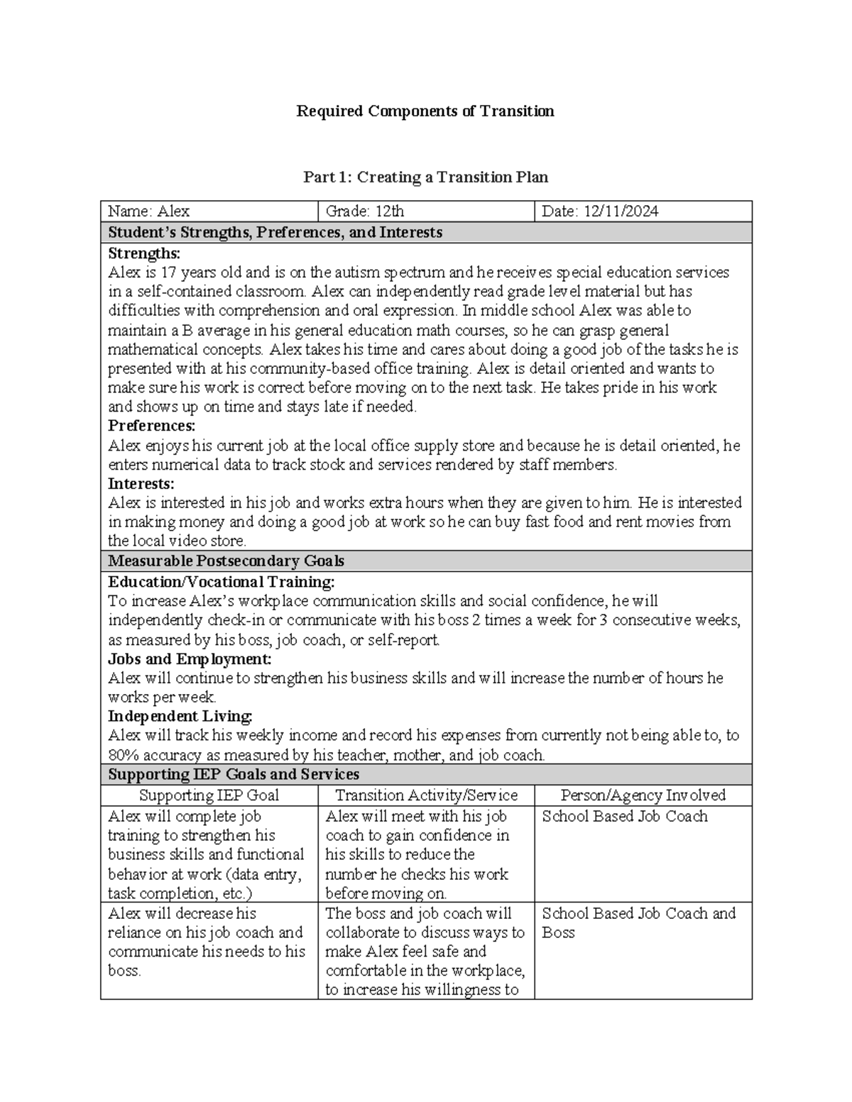 IEP Transition Plan for Alex: Strengths, Goals & Services Overview ...