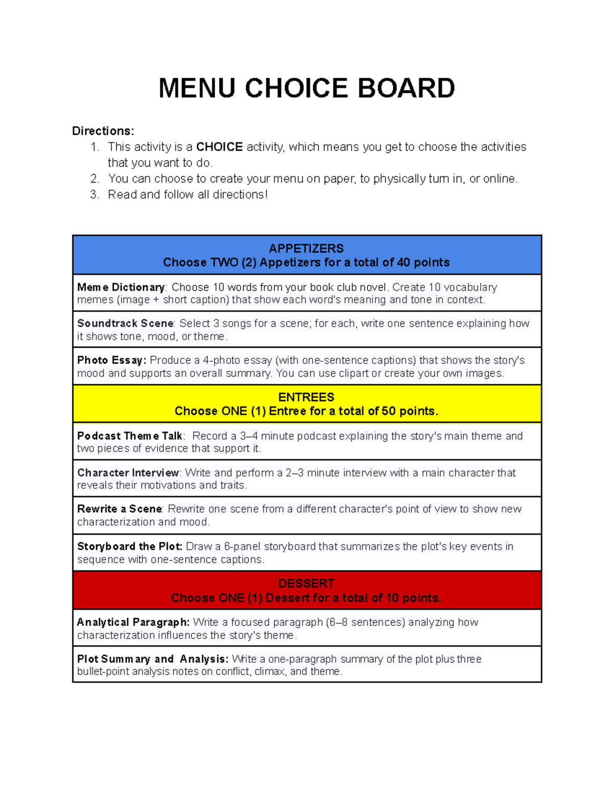 Choice Board Activity: Menu of Creative Assignments - Studocu