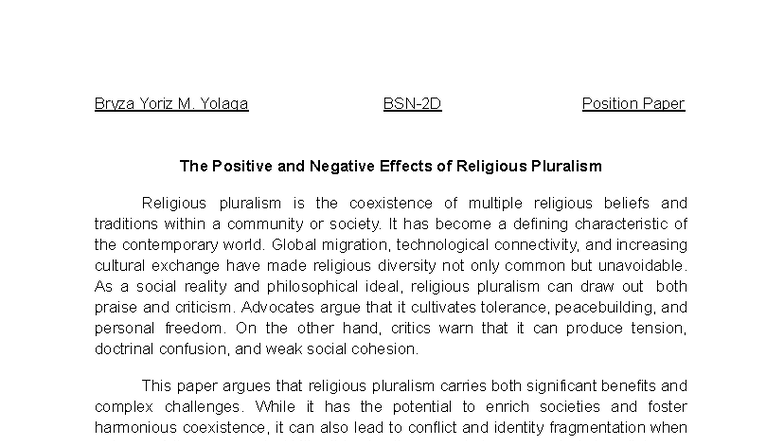Position Paper: The Pros and Cons of Religious Pluralism - Studocu