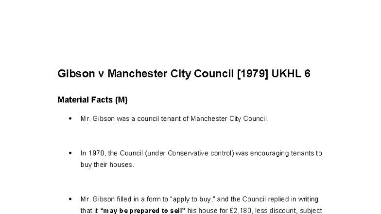 Gibson v Manchester City Council UKHL 6: Key Material Facts and Issues ...