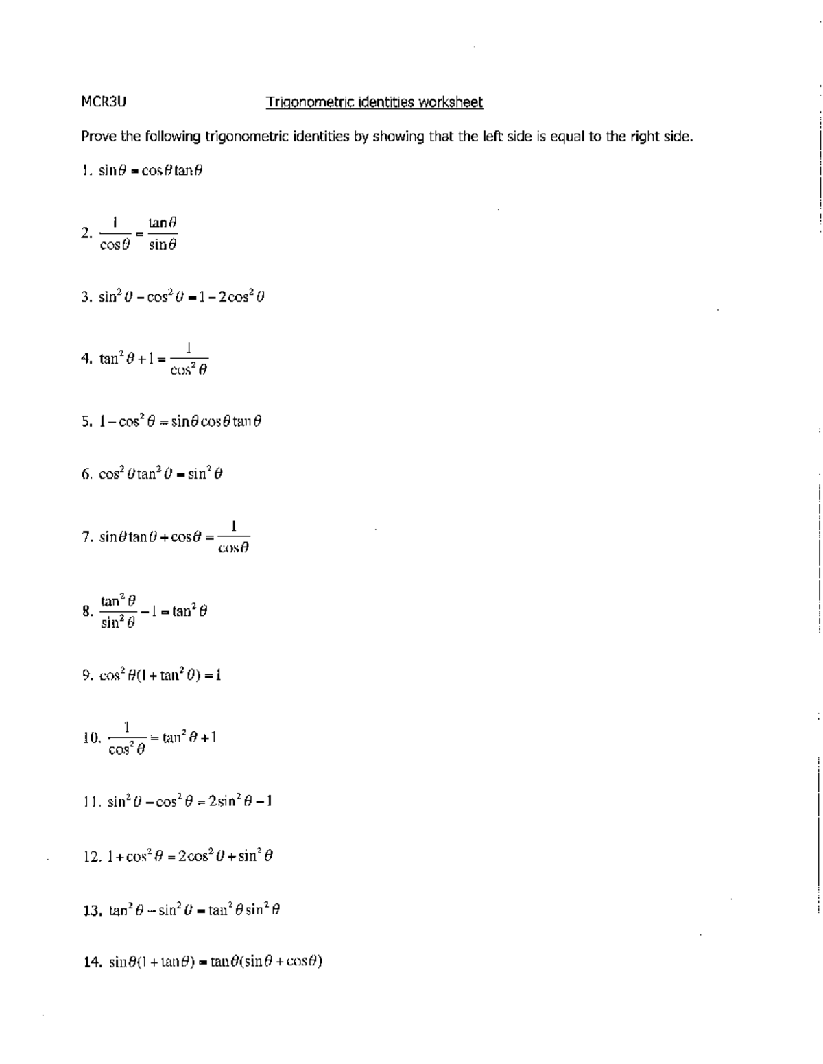 Trigonometric Identities Worksheet (Answers)1 - MCR3U Trigonometric ...