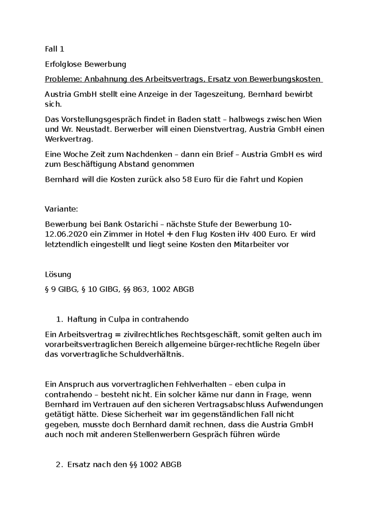 Fall 1: Probleme bei Bewerbung und Arbeitsvertrag - GIBG & ABGB - Studocu