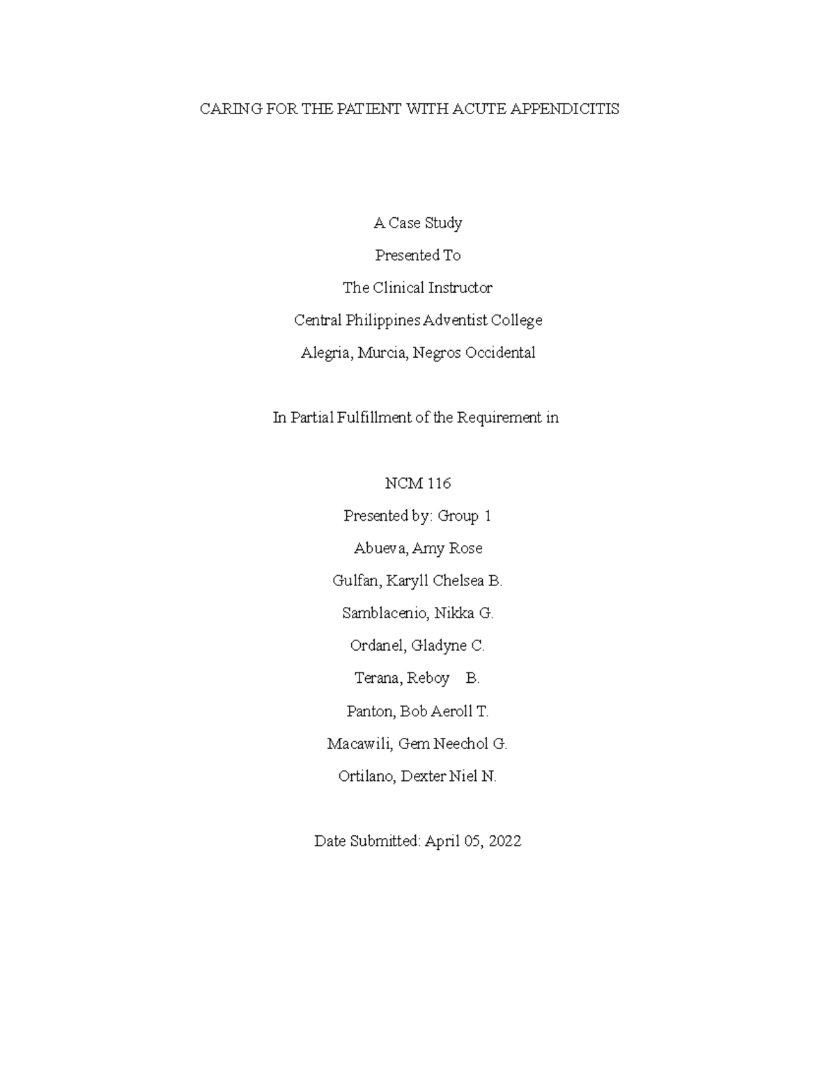 Case Study: Nursing Management of Acute Appendicitis (NCM 116) - Studocu