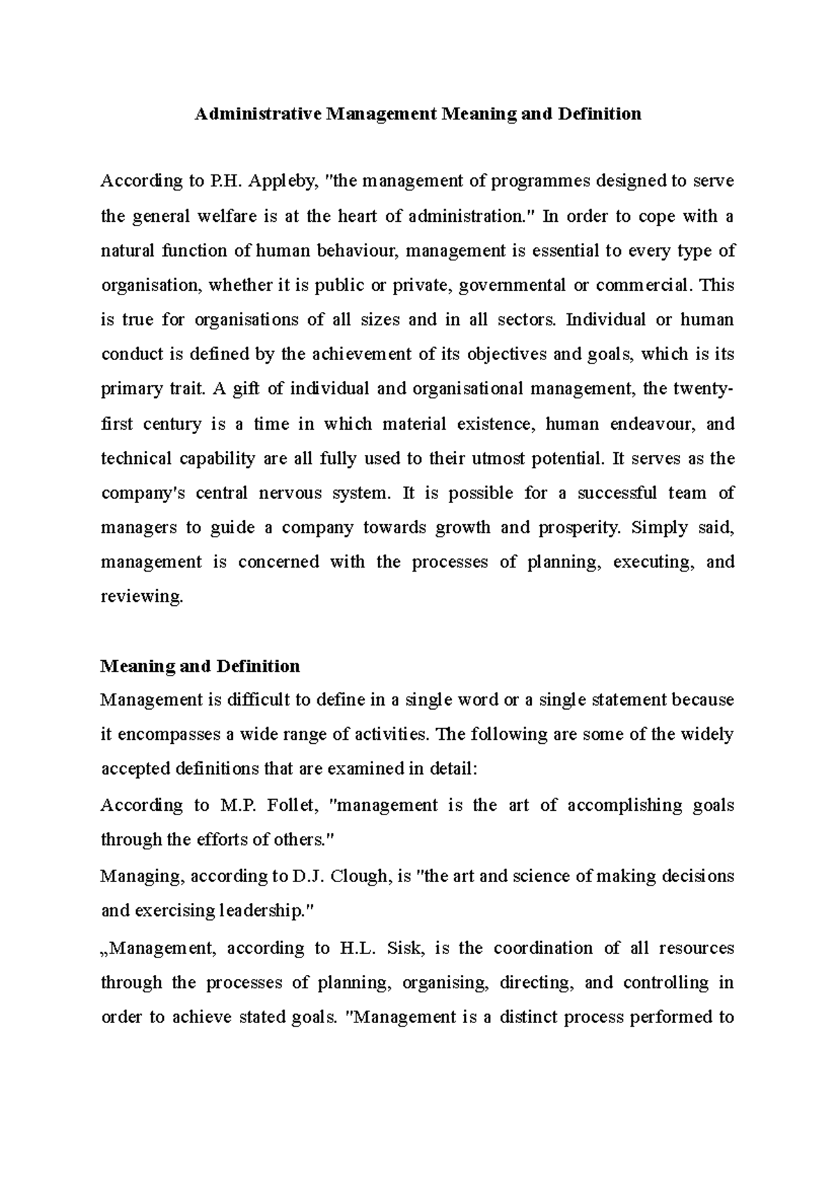 Administrative Management Meaning and Definition - Appleby, "the ...