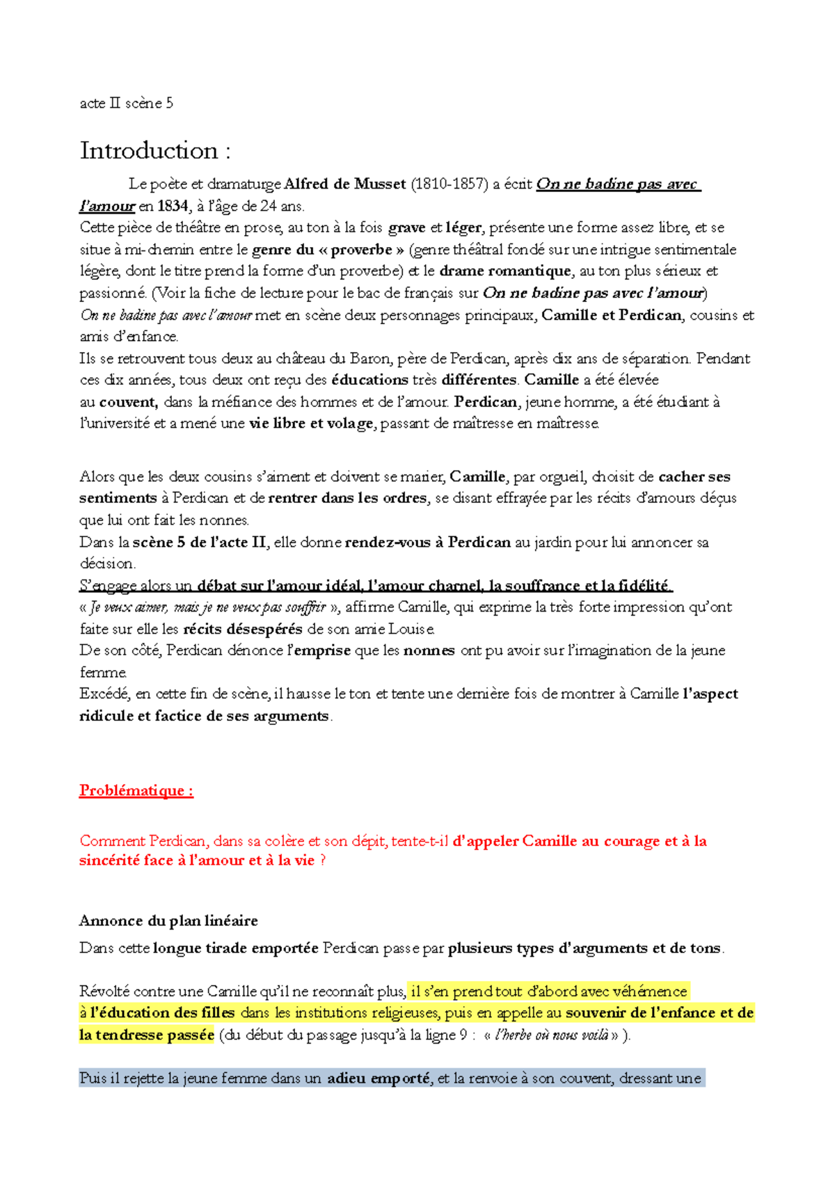 Analyse linéaire Acte II, Scène 5 : Perdican et Camille face à l'Amour - Studocu