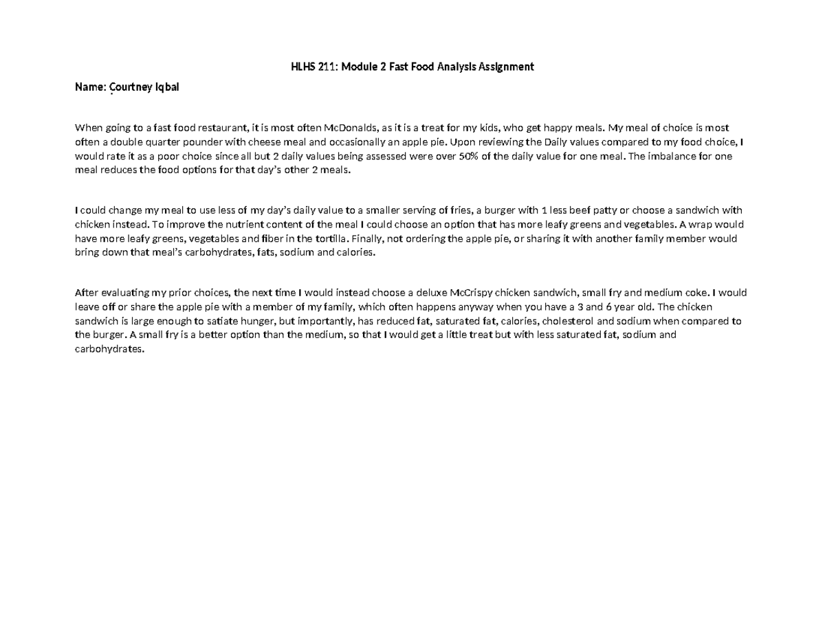 HLHS 211: Module 2 Fast Food Analysis Assignment - Studocu