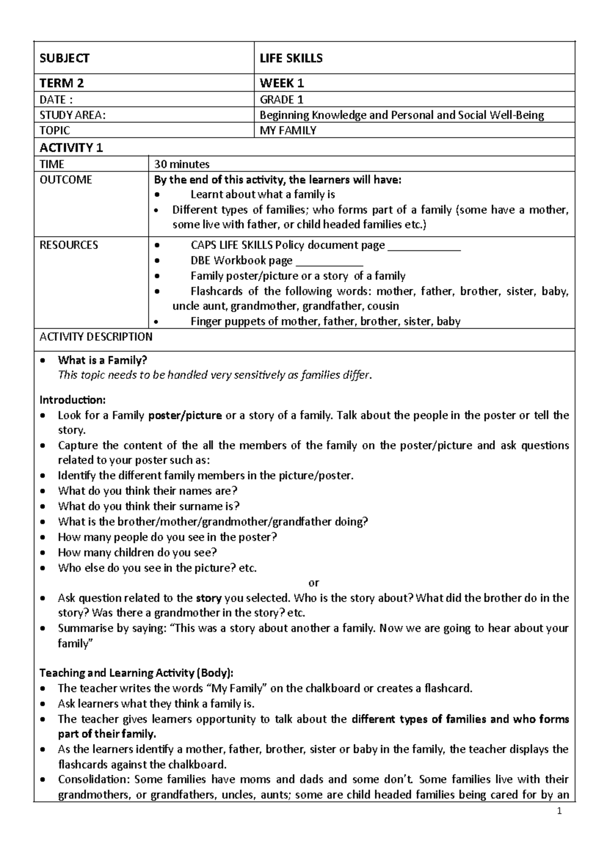 Grade 1 Life Skills Lesson Plans: Term 2, Weeks 1-9 Activities - Studocu