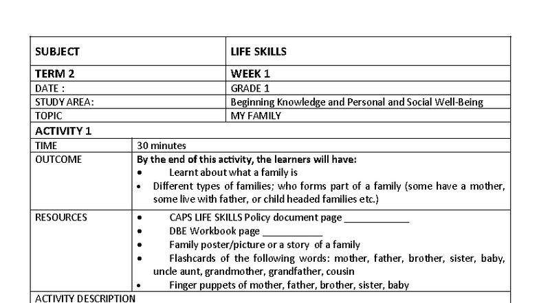 Grade 1 Life Skills Lesson Plans: Term 2, Weeks 1-9 Activities - Studocu