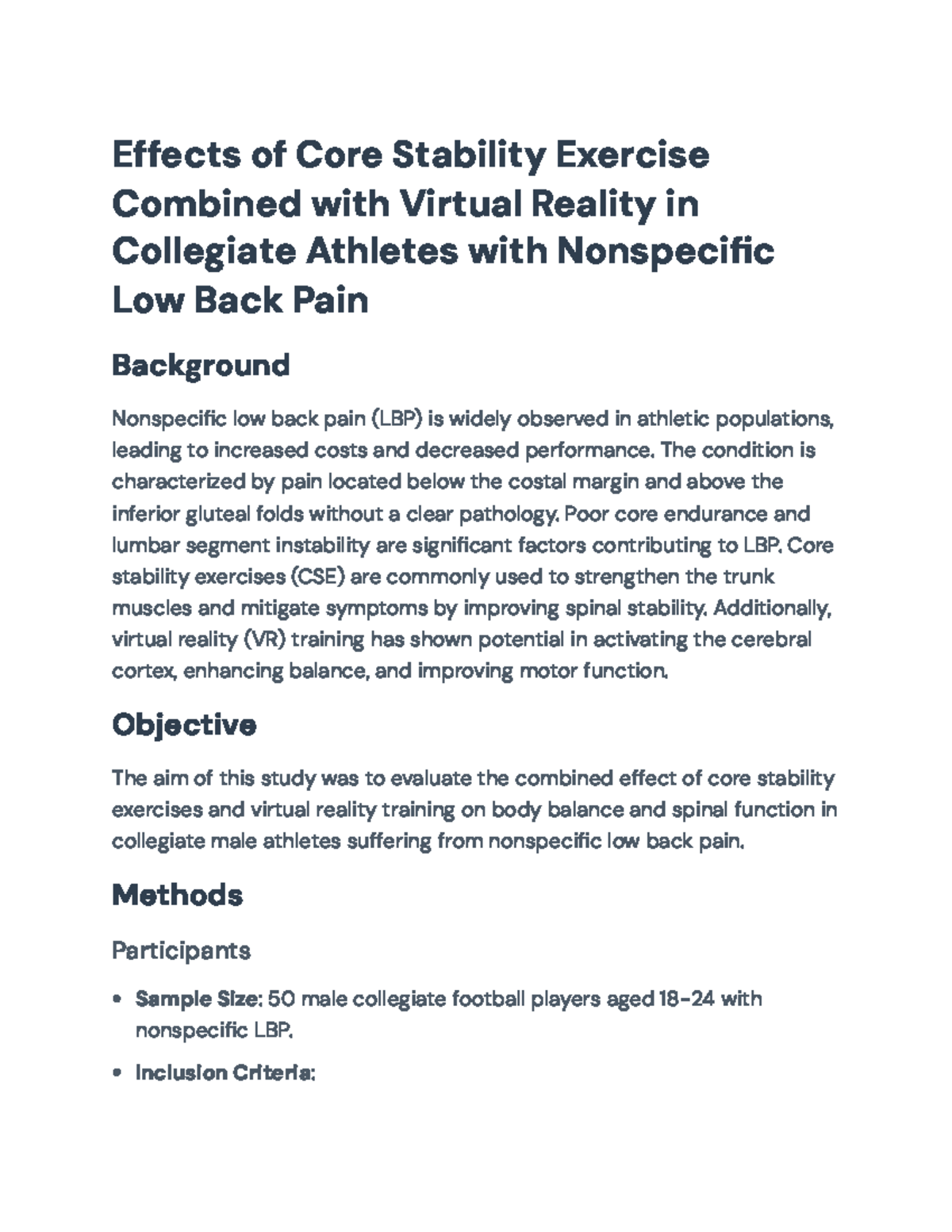 Effects of Core Stability Exercises with VR for Low Back Pain in ...