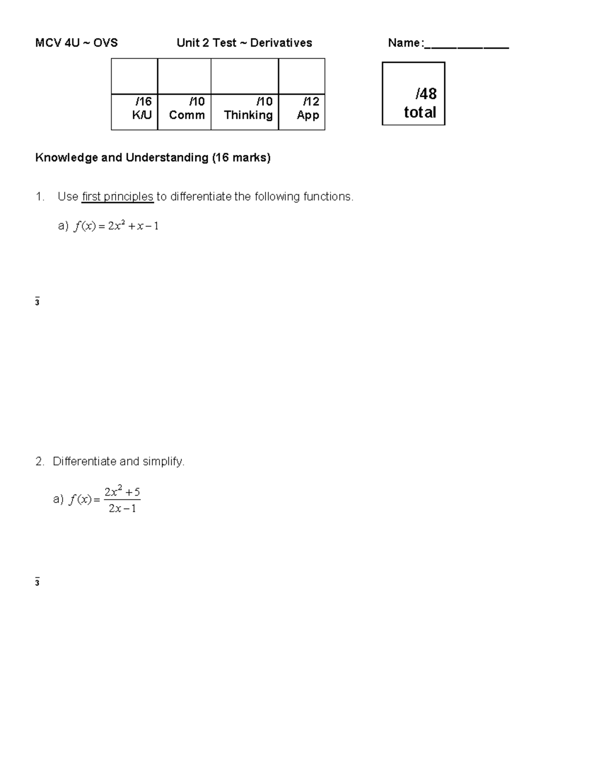 MCV 4U Unit 2 Test: Derivatives and Tangent Lines Analysis - Studocu