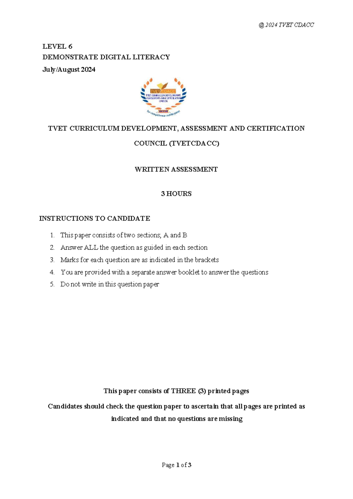 2024 TVET CDACC Level 6 Digital Literacy Written Assessment Guide - Studocu