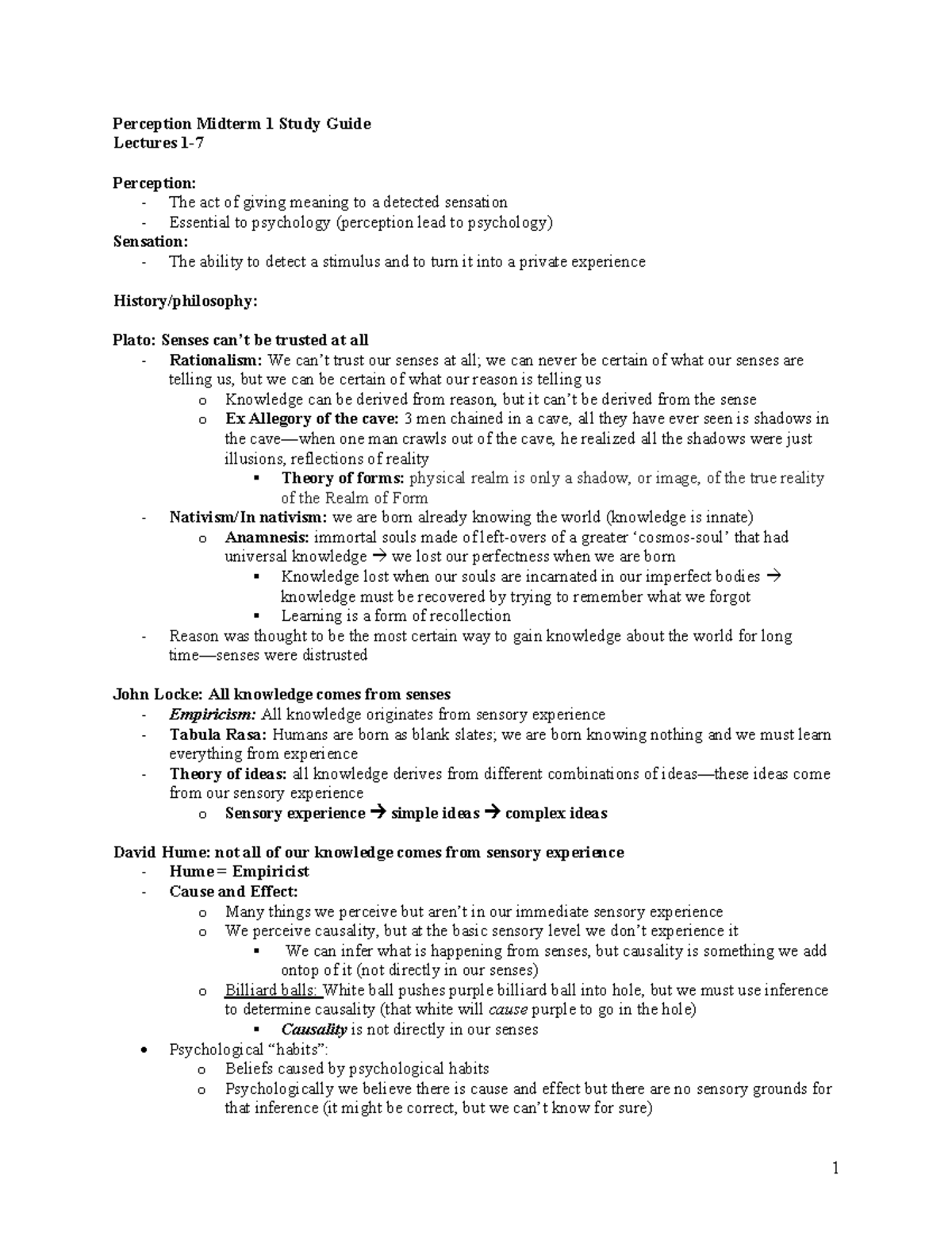 Perception PSY 101 Midterm 1 Study Guide: Key Concepts and Theories - Studocu