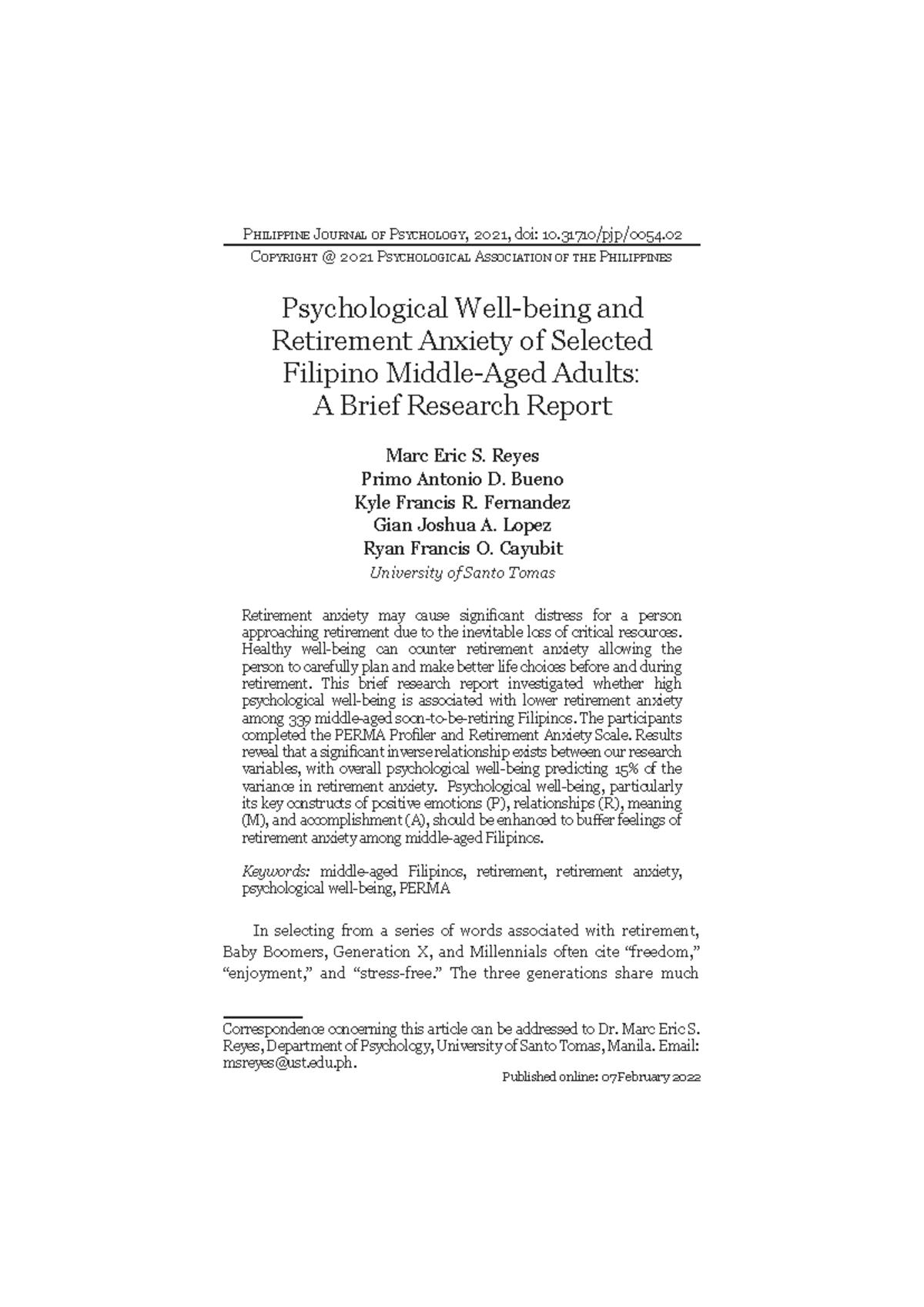 Psychological Wellbeing & Retirement Anxiety in Filipino Adults: A ...
