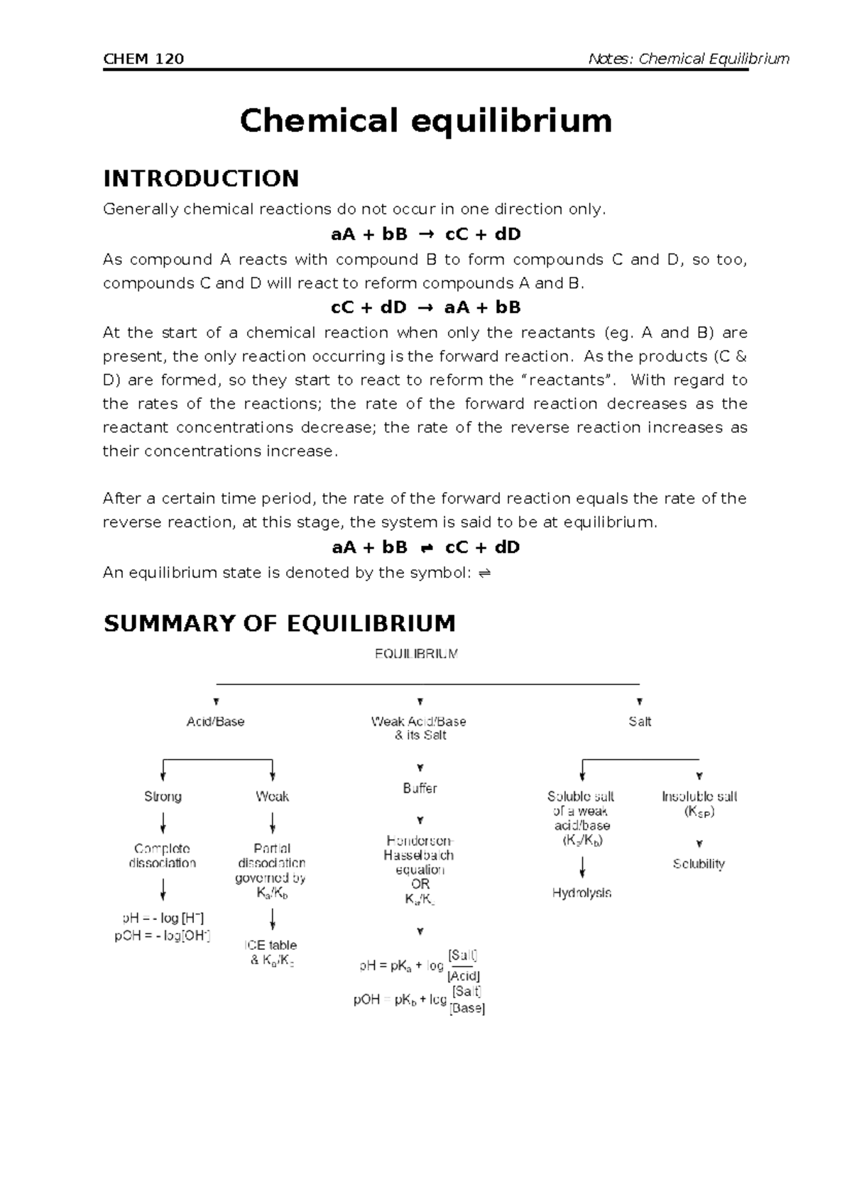 CHEM 120 Notes: Understanding Chemical Equilibrium Concepts - Studocu