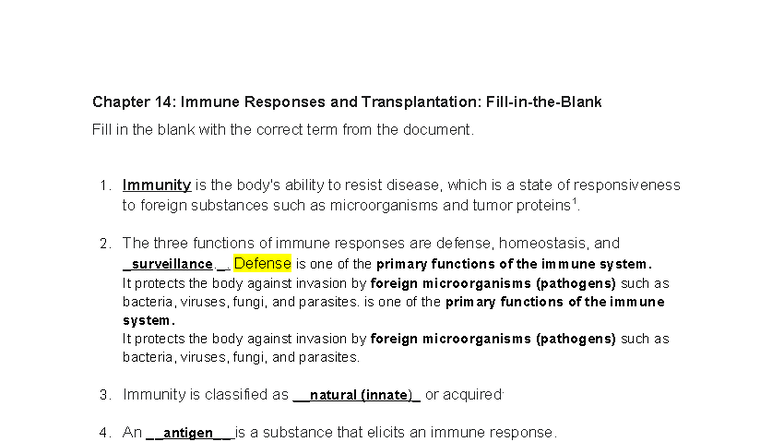NRS 1235 Chapter 14: Immune Responses Fill-in-the-Blank Guide - Studocu