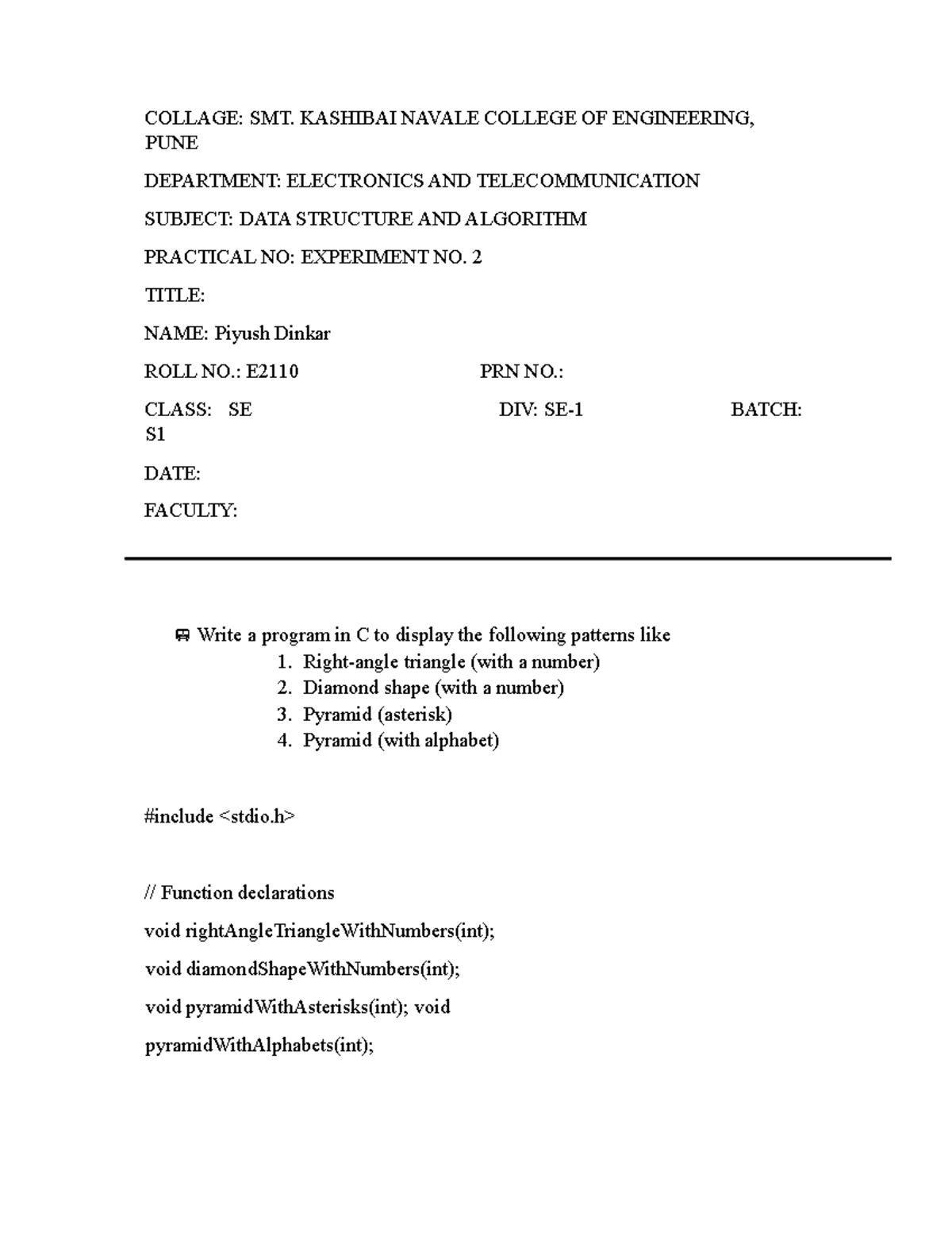 Data Structure & Algorithm Practical: Pattern Programs (DSE-2) - Studocu
