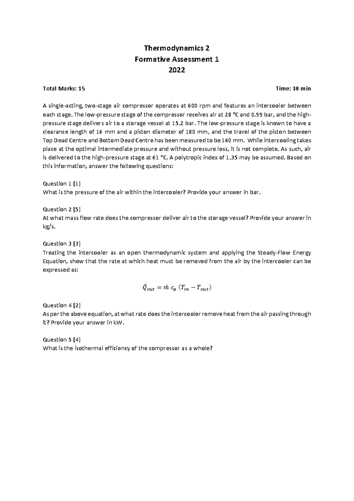 2022 - T2 - FA1 - Question Paper - Thermodynamics 2 Formative ...