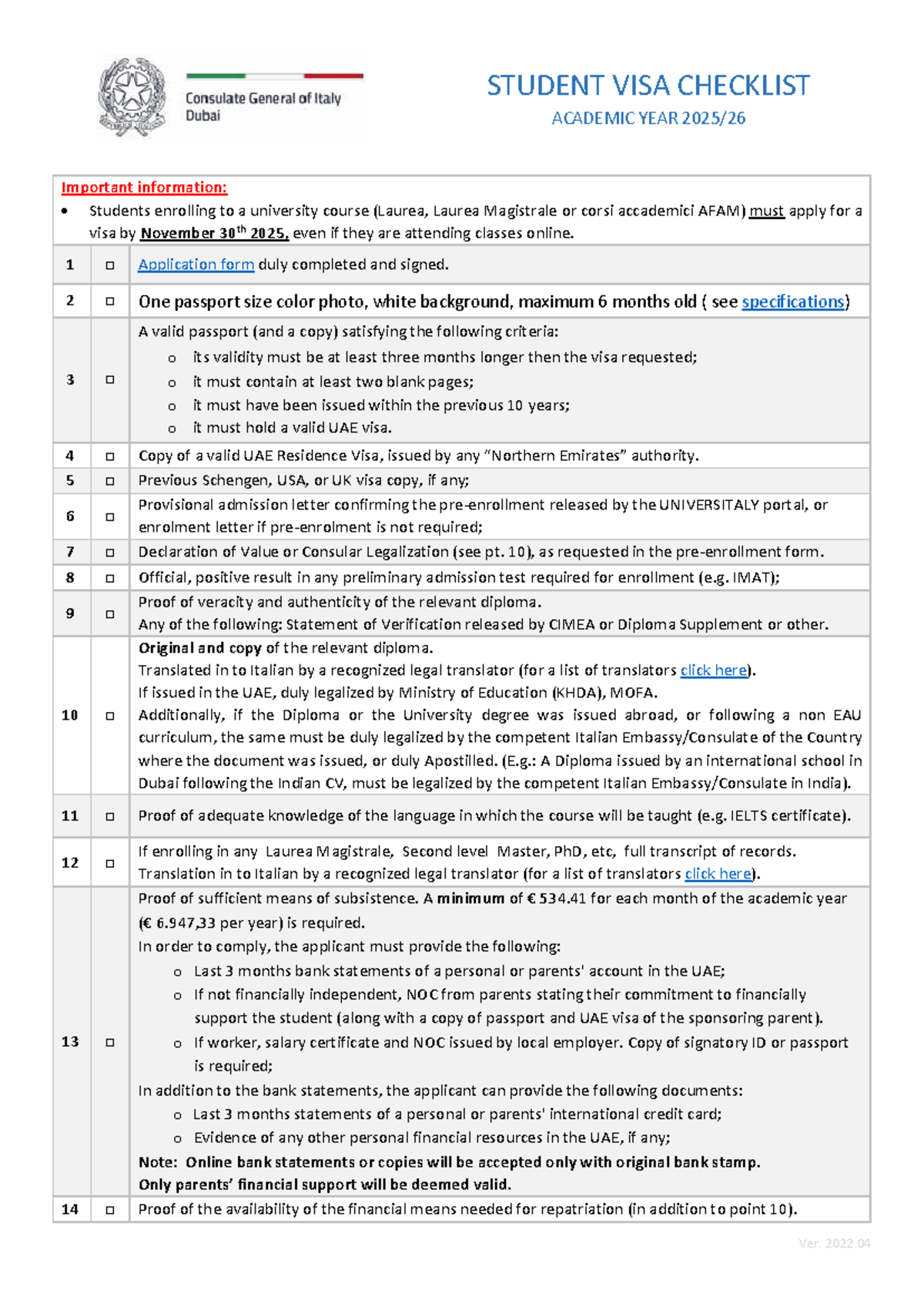 STUDENT VISA CHECKLIST 2025-2026: Essential Requirements - Studocu