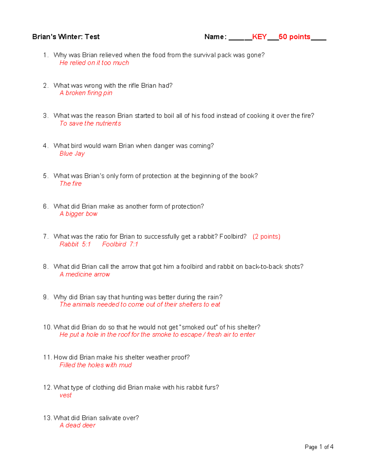 Brian's Winter - Test Key and Answer Guide - Studocu