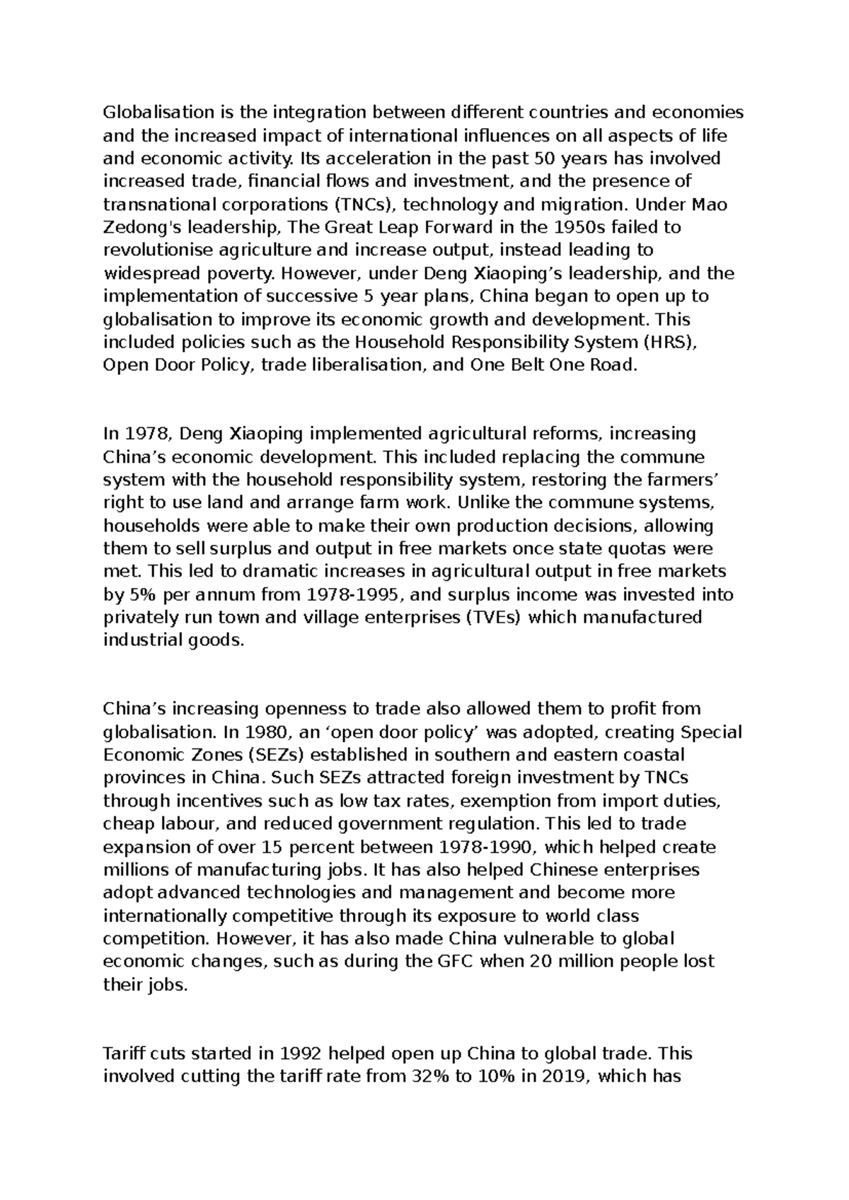 China Case Study Essay: Globalisation and Economic Transformation - Studocu