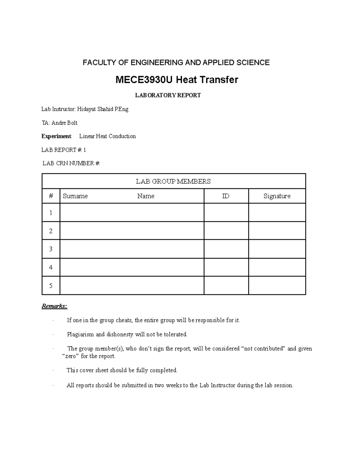 MECE3930U Heat Transfer Lab Report #1 - Linear Conduction Experiment ...