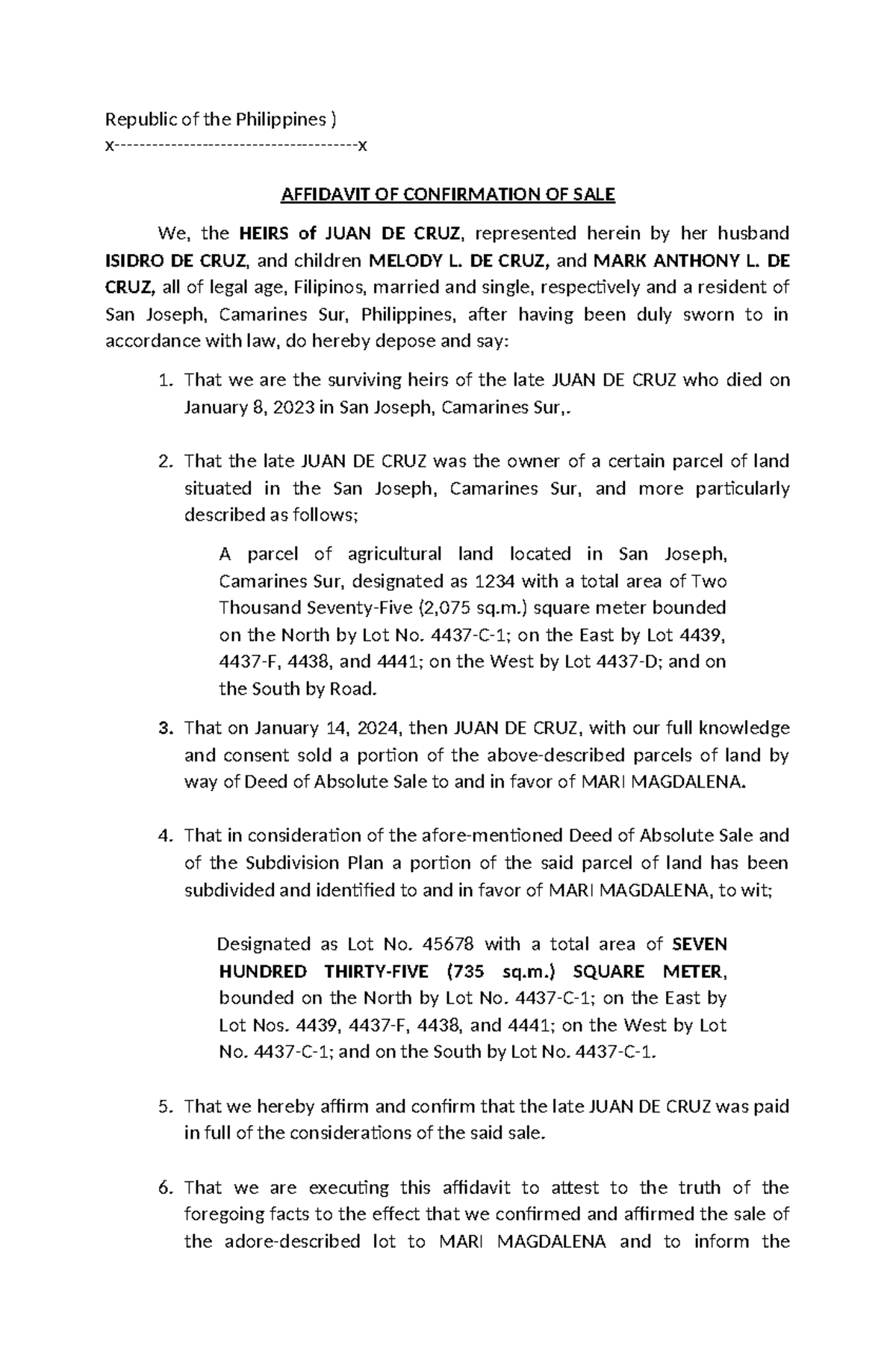 Affidavit of Confirmation of Sale by Heirs of Juan De Cruz - Studocu