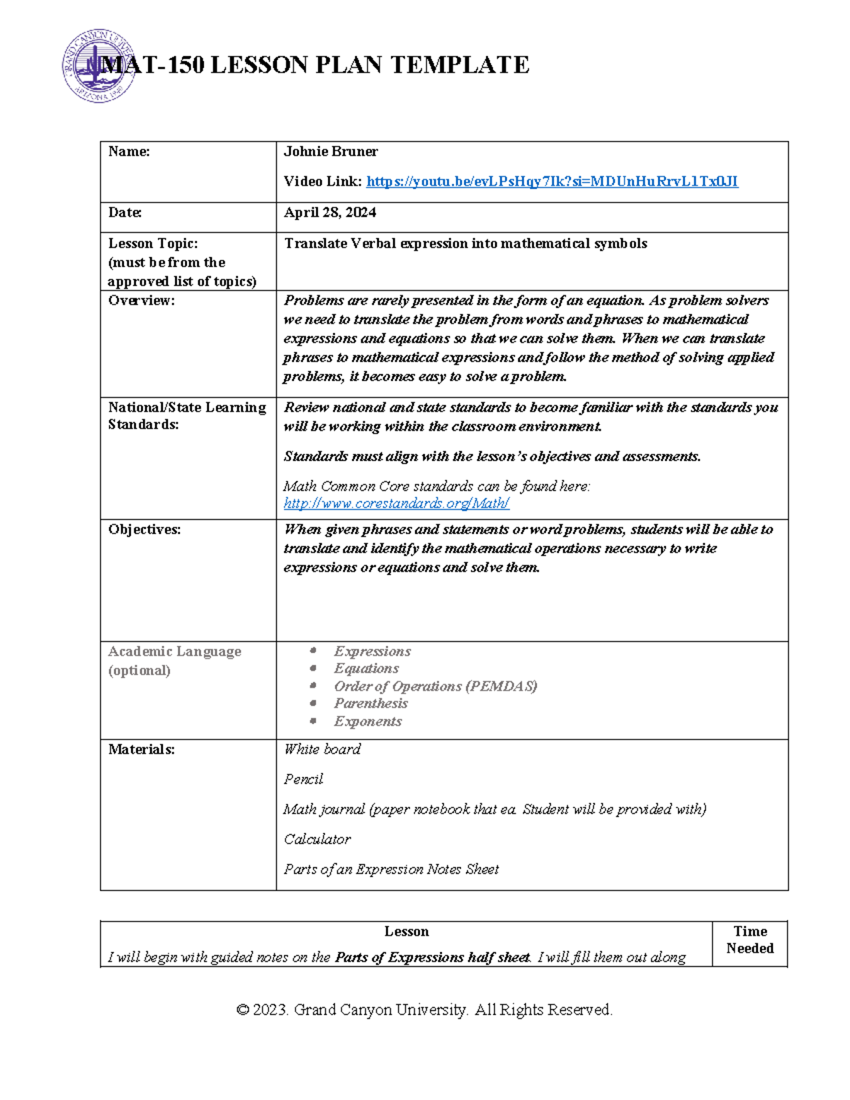 MAT-150 Week 6 Lesson Plan: Translating Verbal Expressions to Math ...