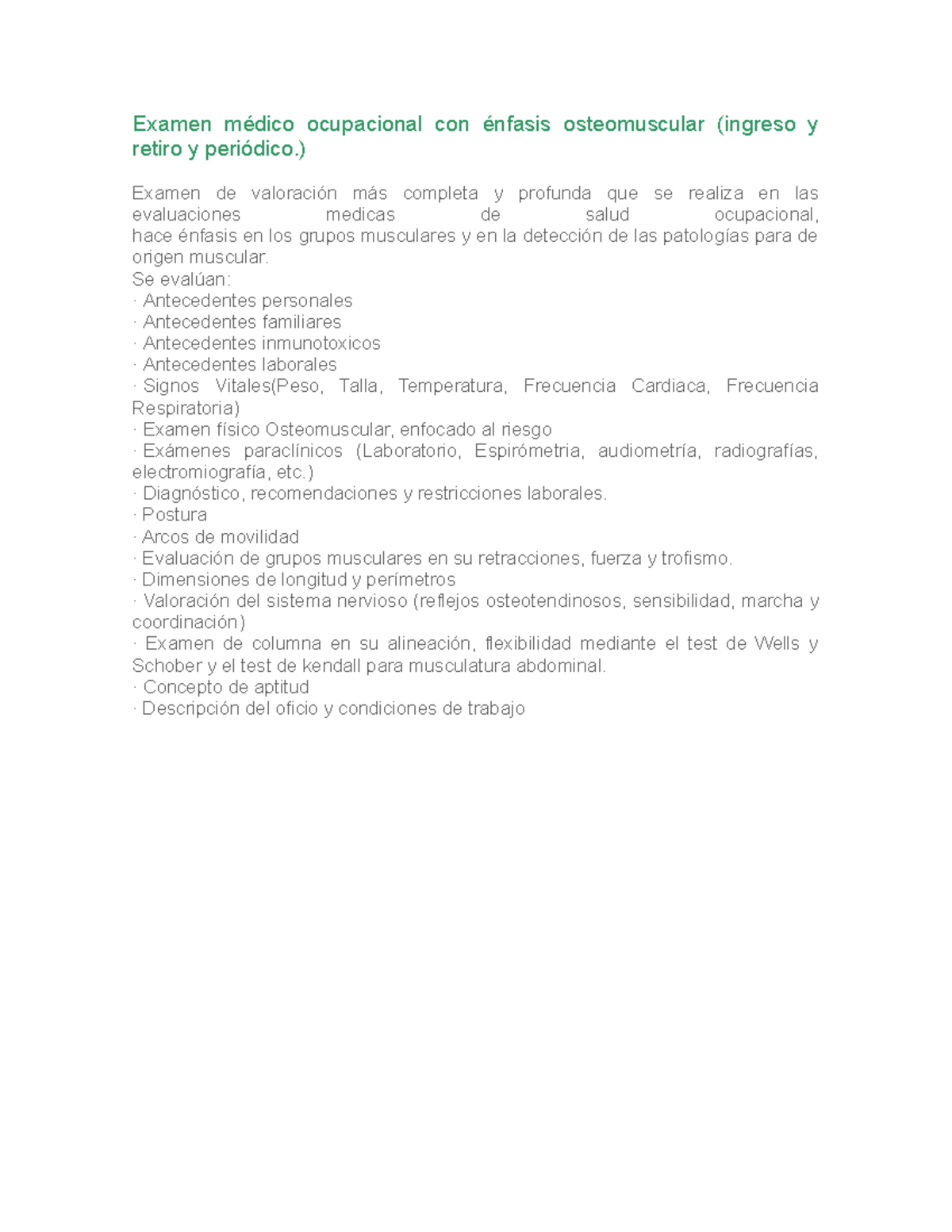 EMO Examen Médico Ocupacional: Énfasis Osteomuscular y Valoración - Studocu